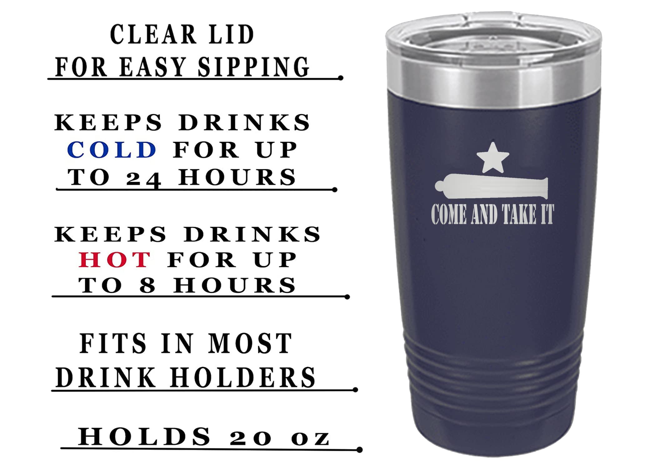 Rogue River Tactical Come and Take It Gonzales Texas Flag 20 Oz. Stainless Steel Travel Tumbler Mug Cup w/Lid Vacuum Insulated Hot or Cold (Blue)