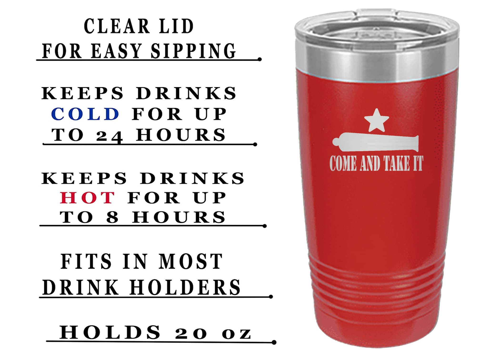 Rogue River Tactical Come and Take It Gonzales Texas Flag 20 Oz. Stainless Steel Travel Tumbler Mug Cup w/Lid Vacuum Insulated Hot or Cold (Red)