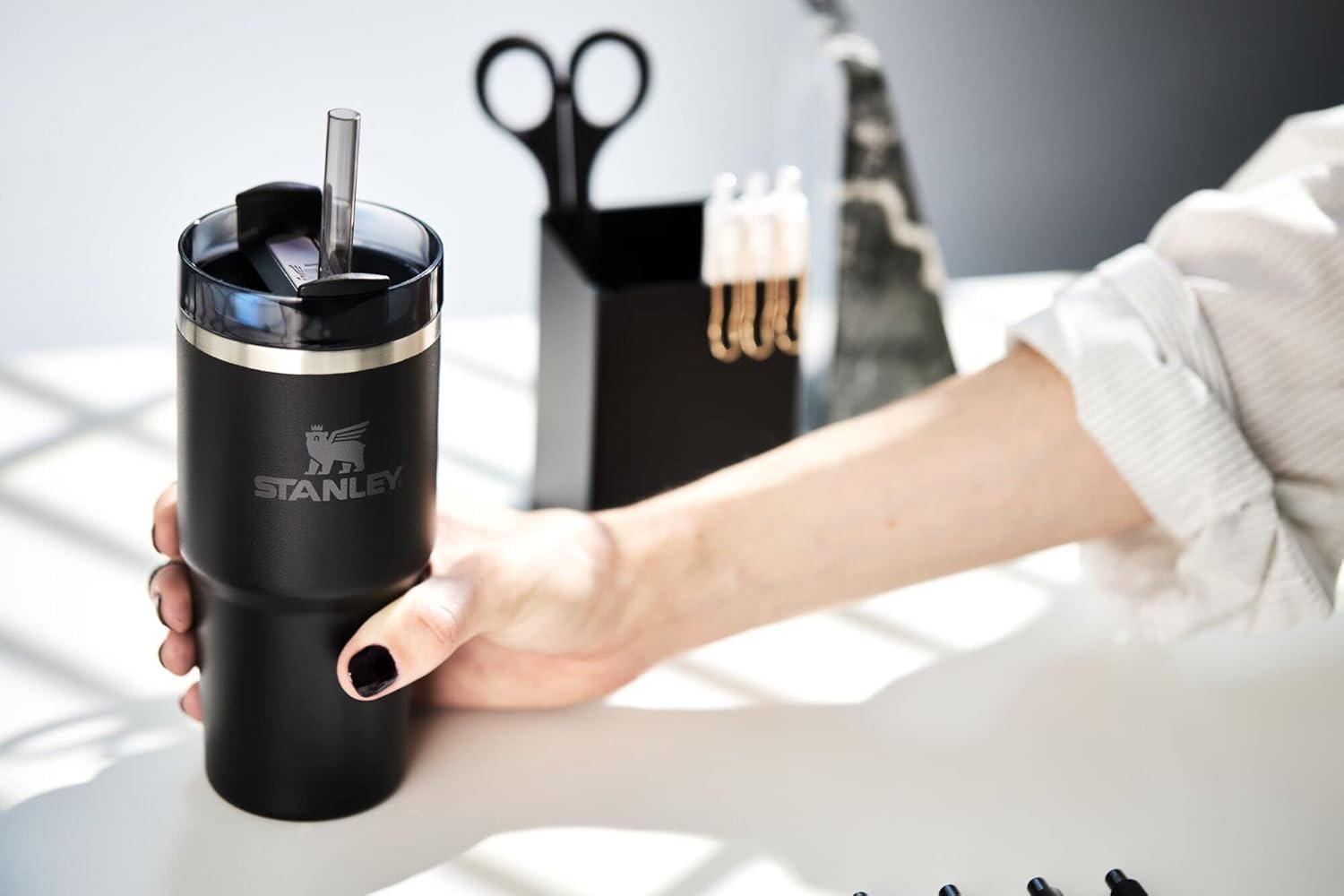 Stanley Quencher H2.0 Tumbler with Straw 14 oz | Flowstate 3-Position Lid | Cup Holder Compatible for Travel | Insulated Stainless Steel Cup | BPA-Free | Black