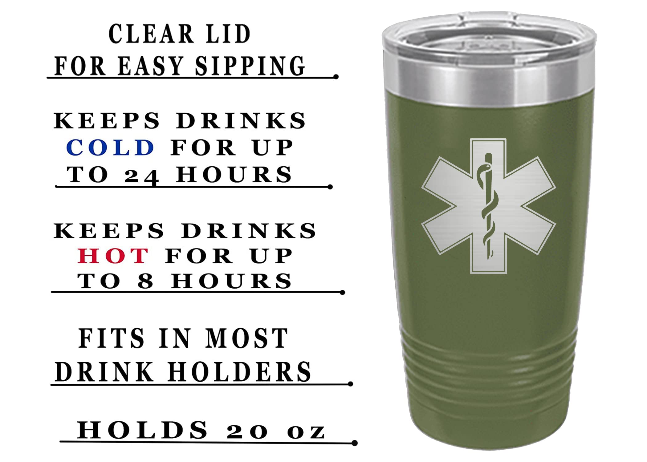 Rogue River Tactical EMT EMS Star of Life 20 Oz. Travel Tumbler Mug Cup w/Lid Paramedic (Green)