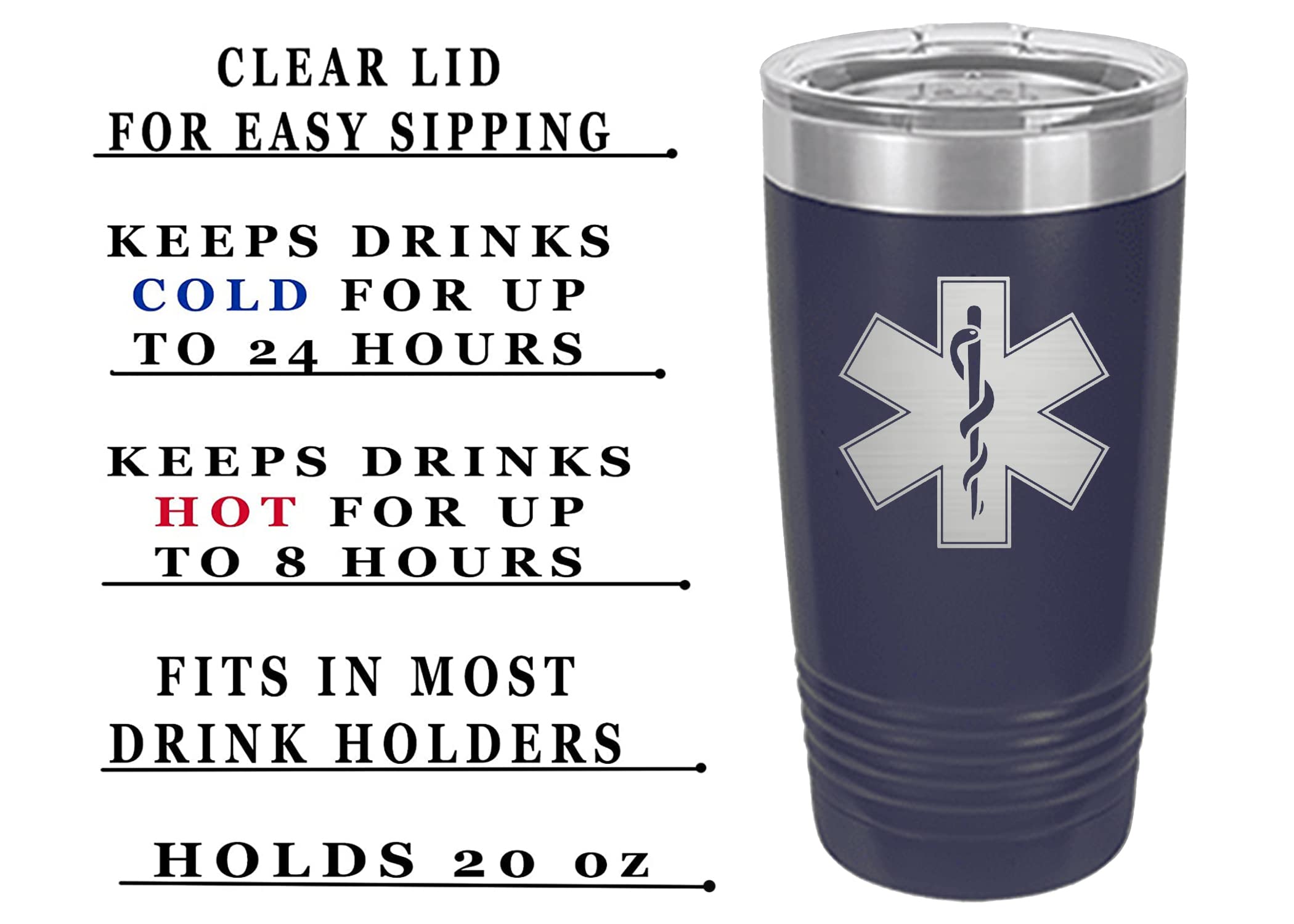 Rogue River Tactical EMT EMS Star of Life 20 Oz. Travel Tumbler Mug Cup w/Lid Paramedic (Blue)