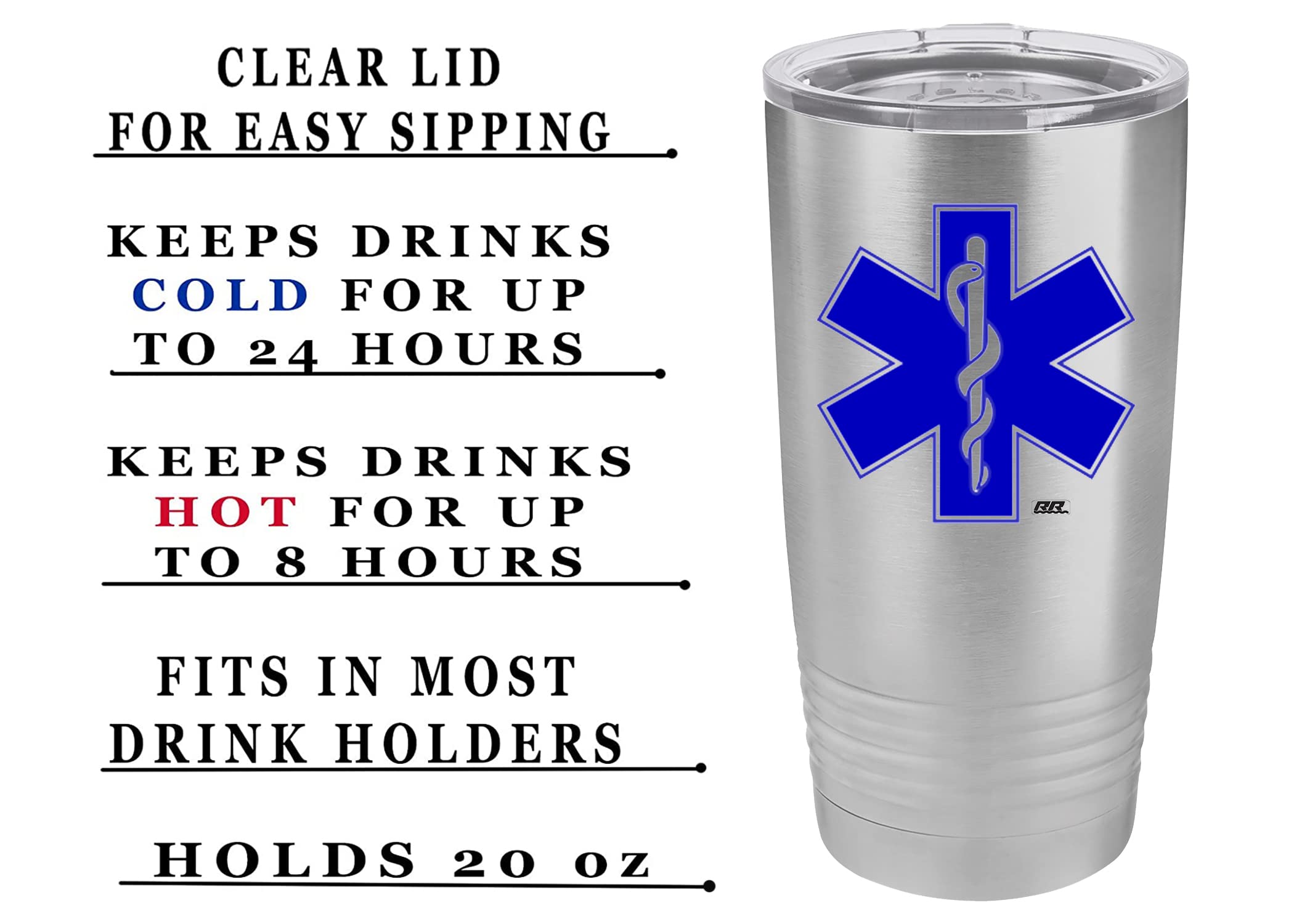 Rogue River Tactical EMT EMS Star of Life 20 Oz. Travel Tumbler Mug Cup w/Lid Paramedic (Silver)