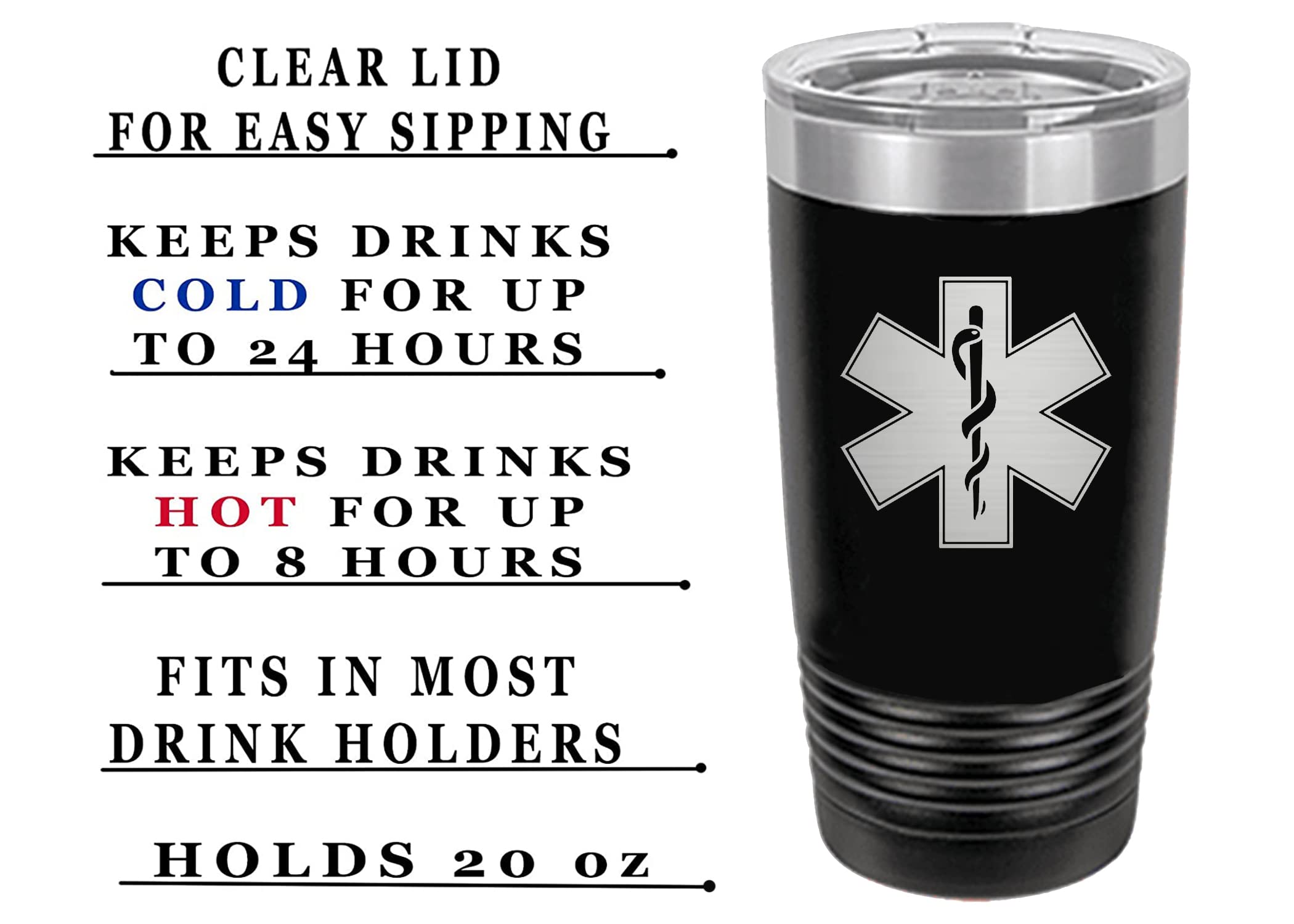 Rogue River Tactical EMT EMS Star of Life 20 Oz. Travel Tumbler Mug Cup w/Lid Paramedic (Black)