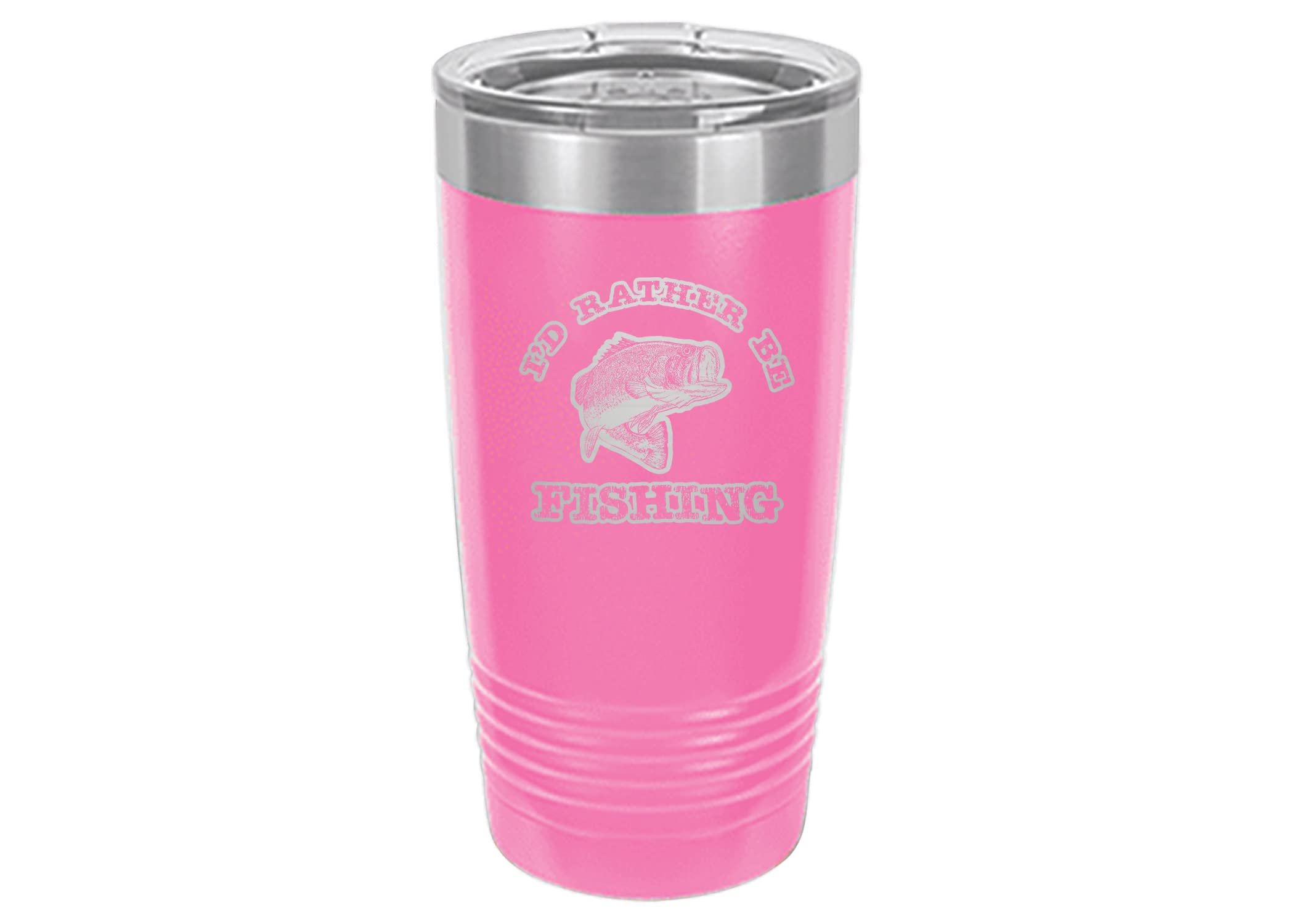 Rogue River Tactical Funny Fishing 20 Oz. Travel Tumbler Mug Cup w/Lid Vacuum Insulated Hot or Cold I'd Rather Be Fishing Bass Fishing Gift Fish (Pink)