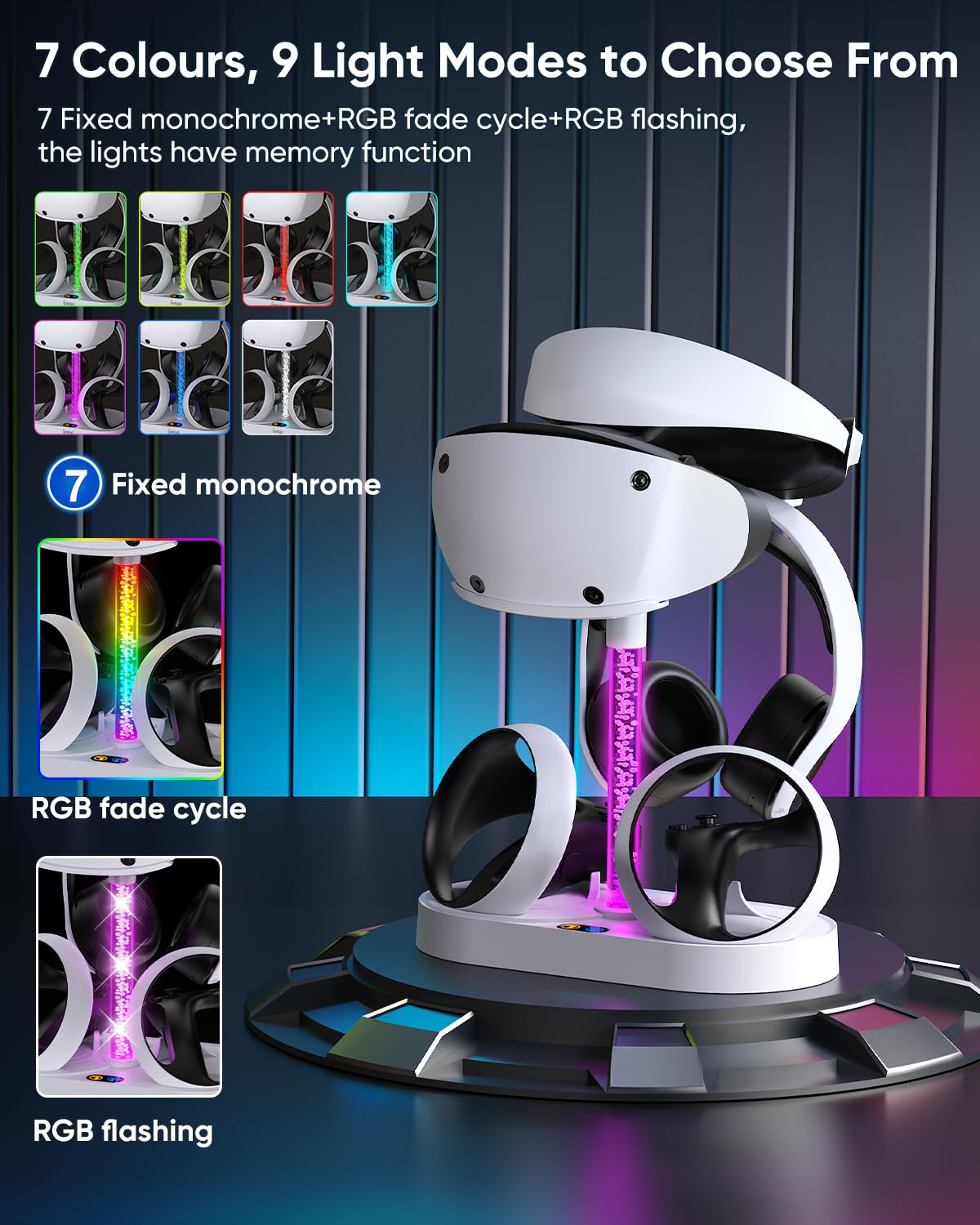 FASTSNAIL Charging Stand for PlayStation VR2, Multifunction Vertical PS VR2 Headset & Sense Controllers Charge Dock Station with 10 RGB Light Modes of Memory, for PS5 VR2 PSP Games Accessories