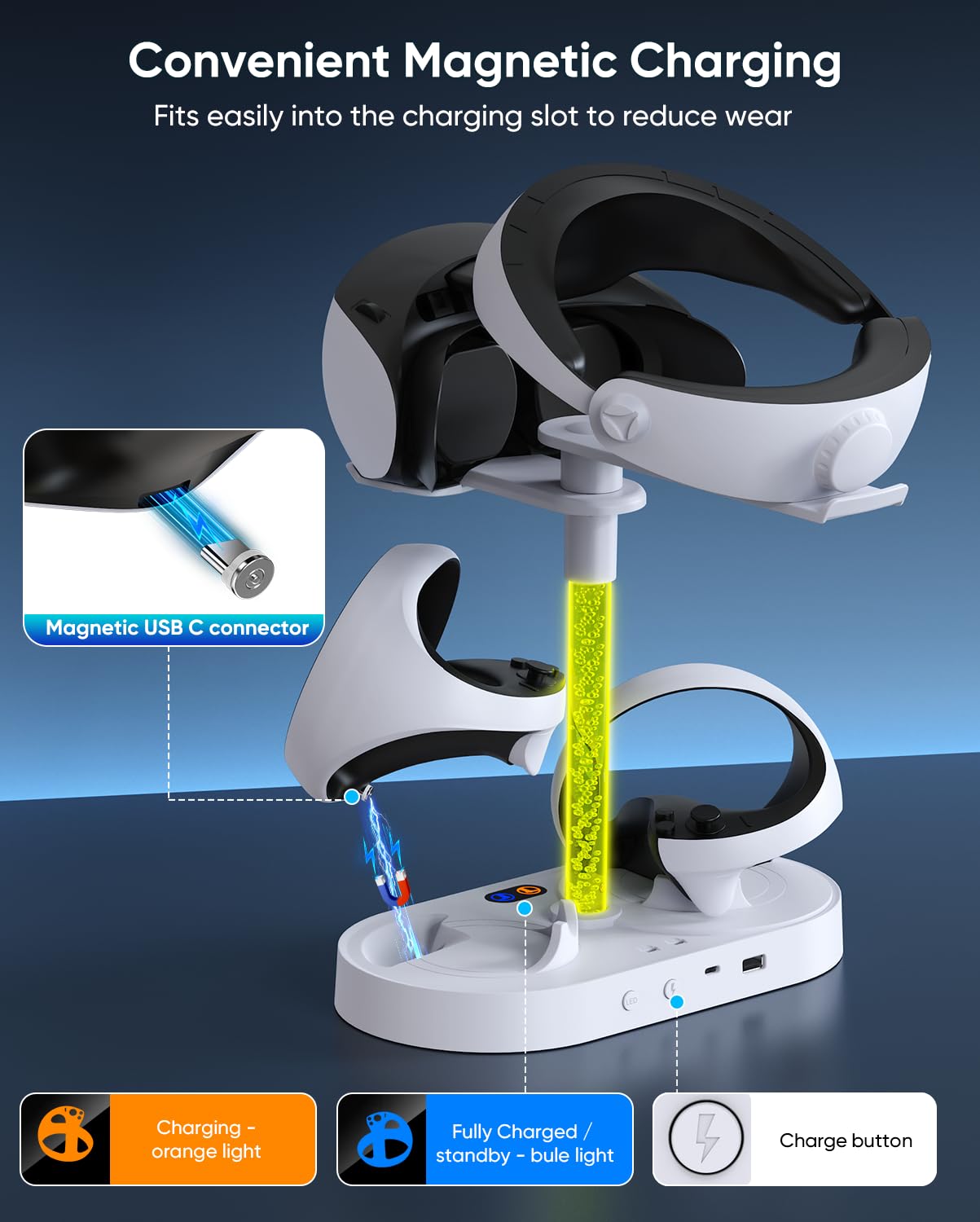 FASTSNAIL Charging Stand for PlayStation VR2, Multifunction Vertical PS VR2 Headset & Sense Controllers Charge Dock Station with 10 RGB Light Modes of Memory, for PS5 VR2 PSP Games Accessories