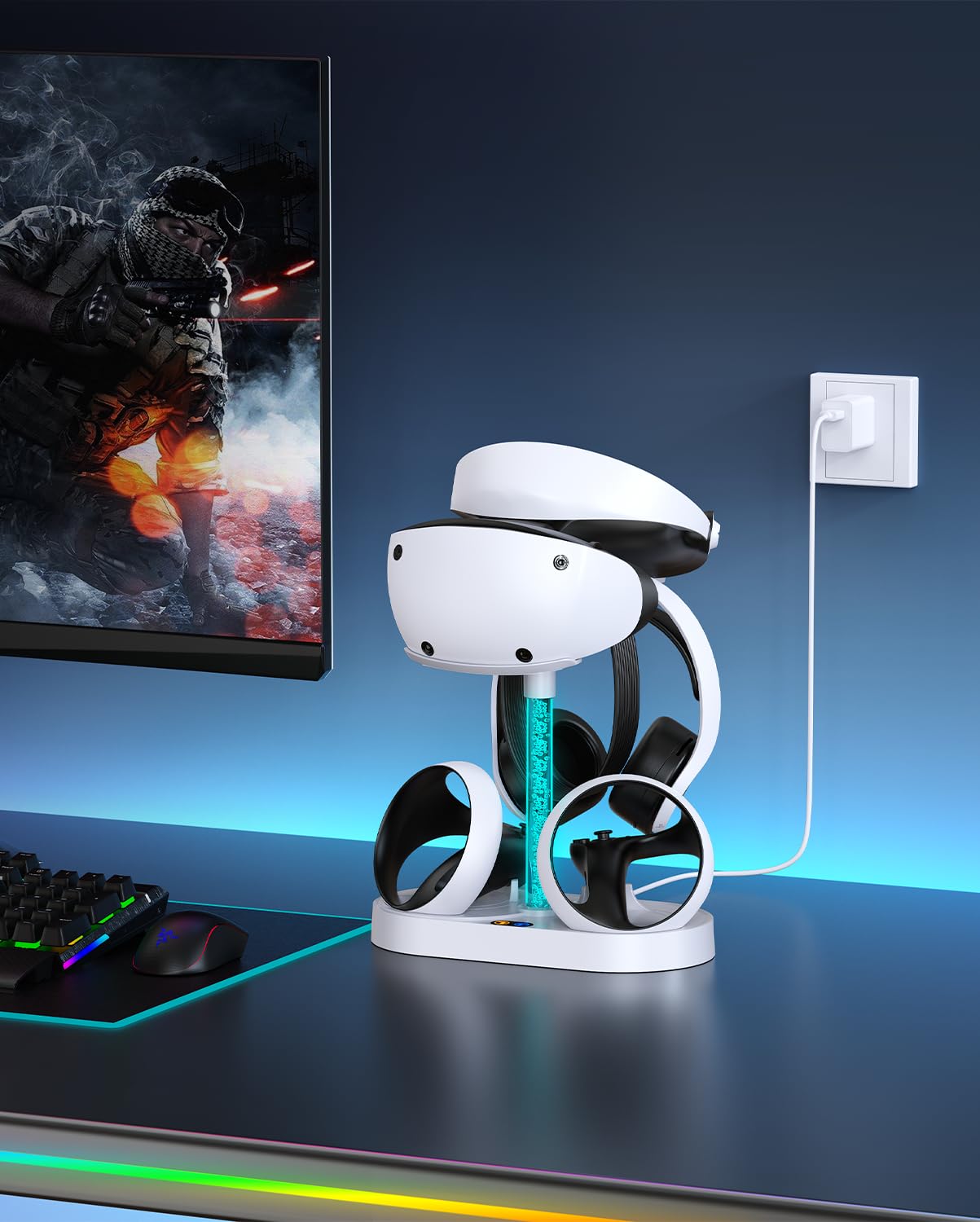 FASTSNAIL Charging Stand for PlayStation VR2, Multifunction Vertical PS VR2 Headset & Sense Controllers Charge Dock Station with 10 RGB Light Modes of Memory, for PS5 VR2 PSP Games Accessories