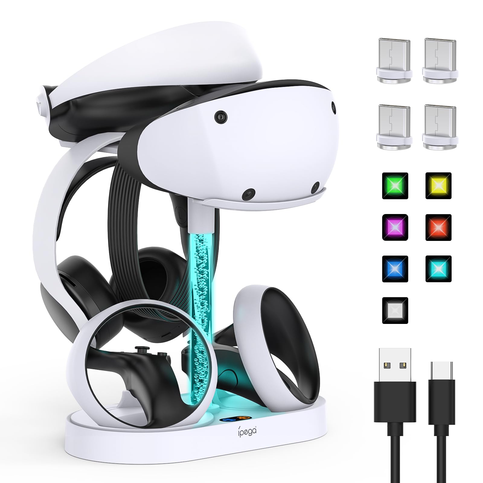 FASTSNAIL Charging Stand for PlayStation VR2, Multifunction Vertical PS VR2 Headset & Sense Controllers Charge Dock Station with 10 RGB Light Modes of Memory, for PS5 VR2 PSP Games Accessories
