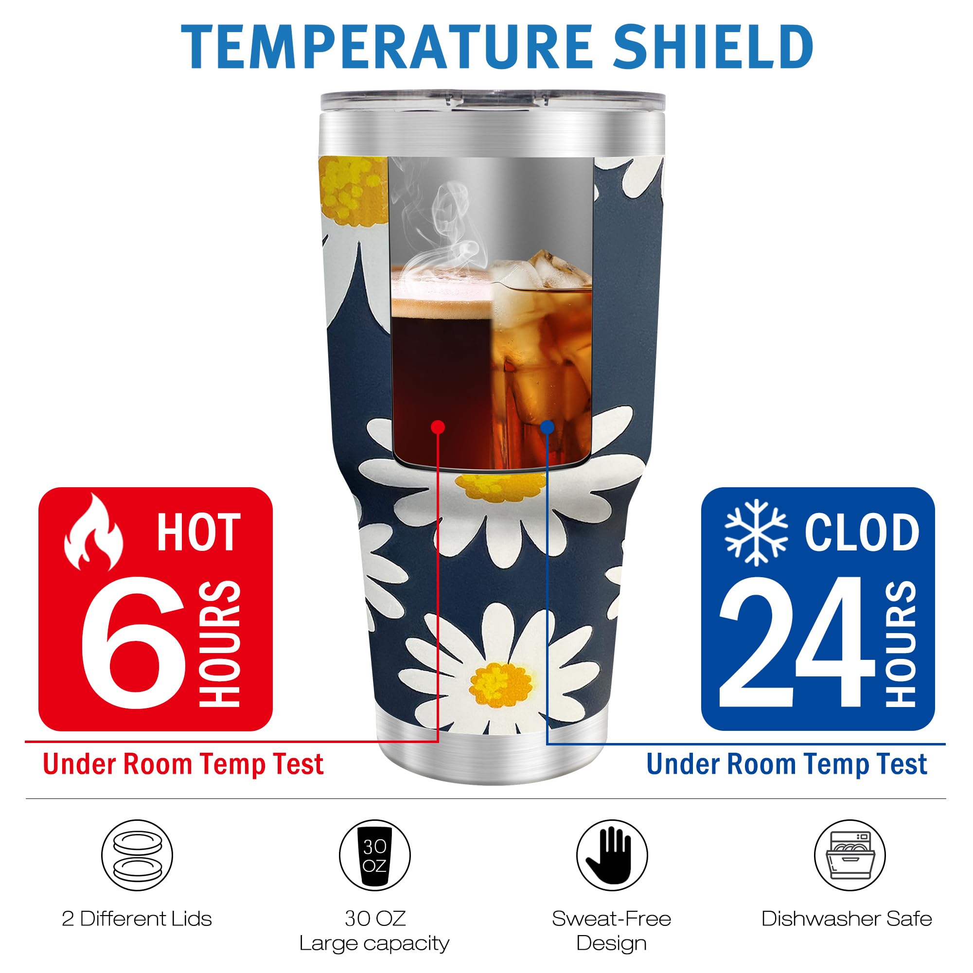 WETOWETO 30 oz Tumbler Stainless Steel Vacuum Insulated Coffee Cup with Handle, Double Wall Vacuum Coffee Tumbler for Hot and Cold drinks, Suitable for Beach, Travel (Daisy Flower, 1 Pack)