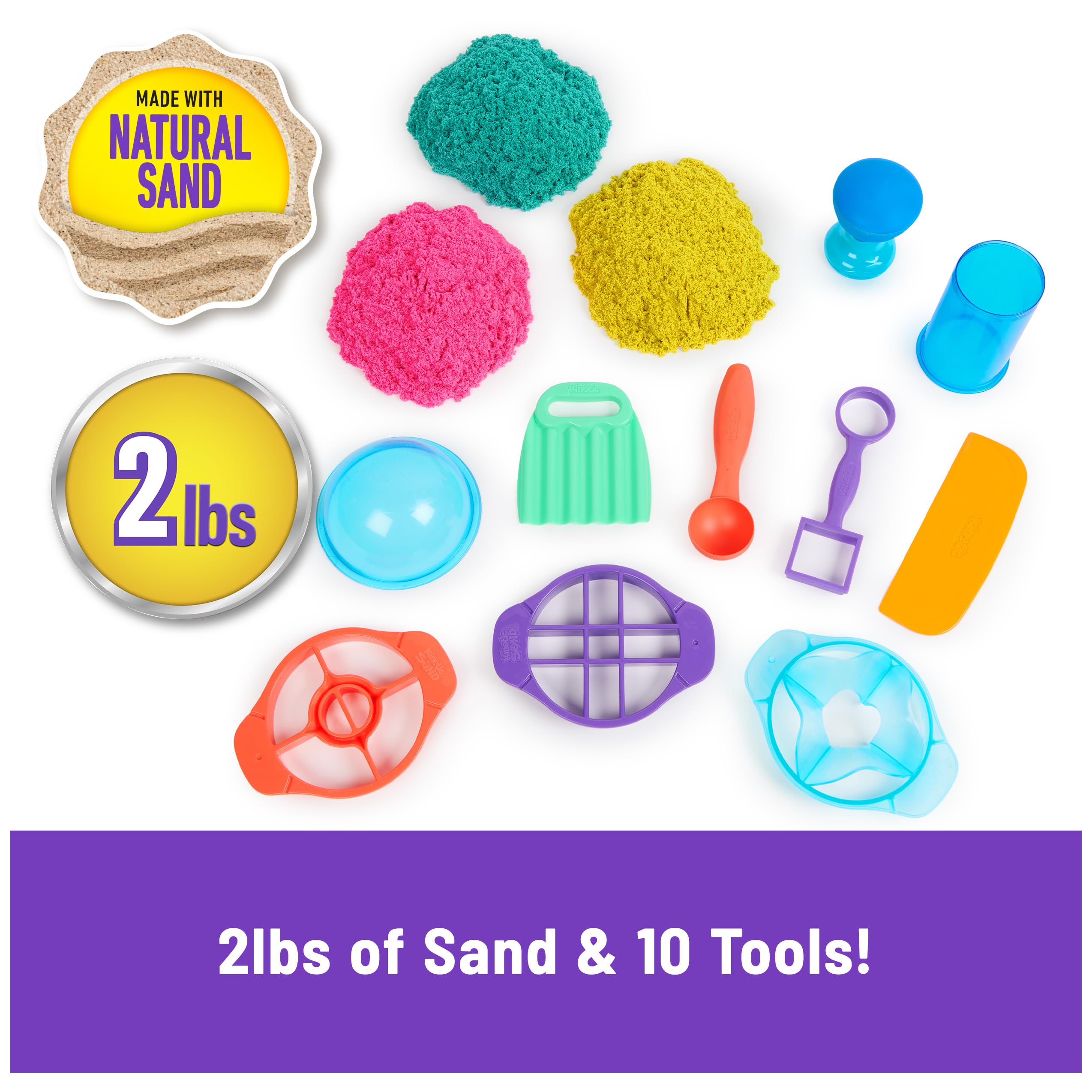 Kinetic Sand, Ultimate Sandisfying Set with 2lbs Play Sand (Pink, Yellow & Teal), 10 Tools & Molds, Sensory Toys for Kids Ages 7 and up