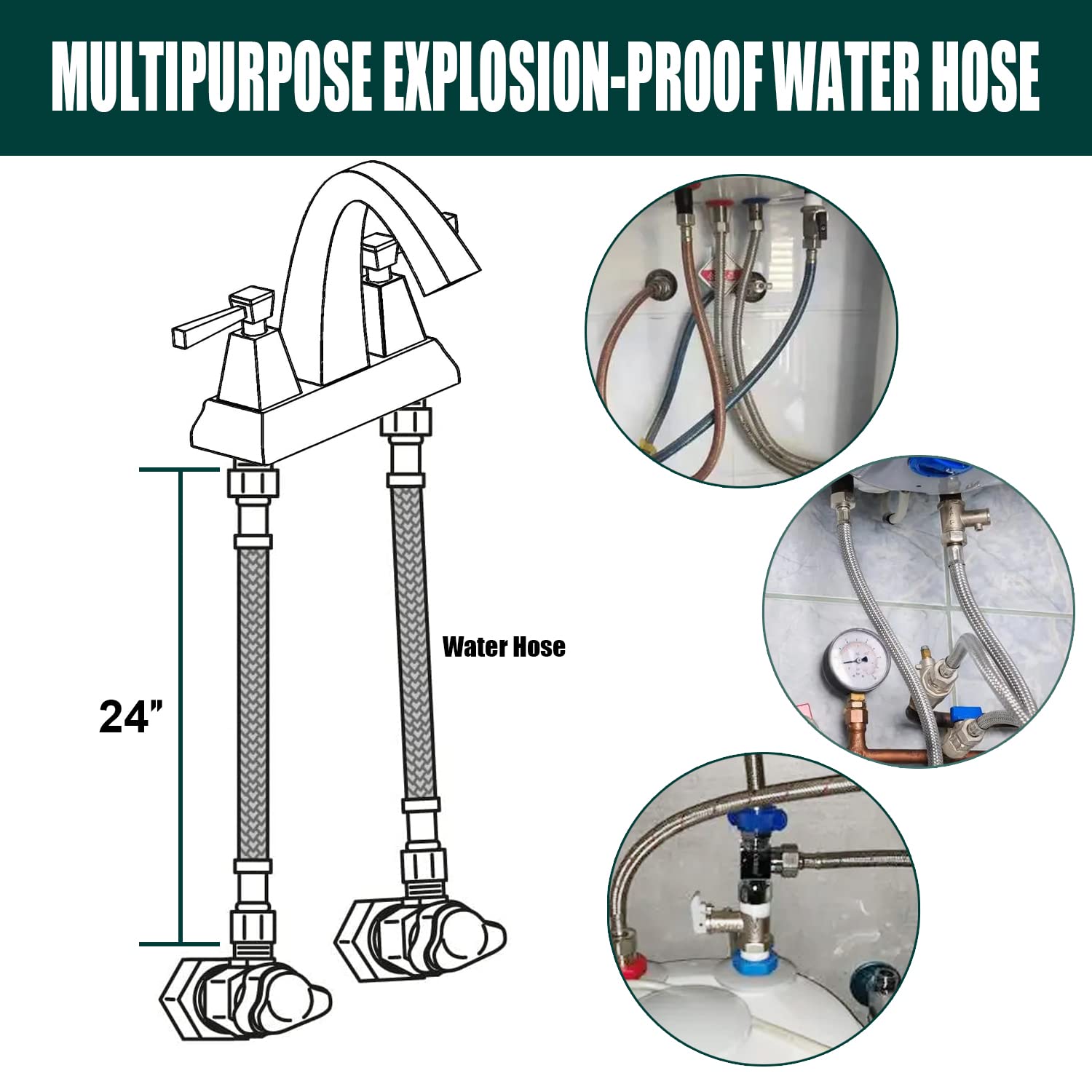 【New Version】Faucet Water Supply Connector Line Braided Stainless Steel, Premium Faucet Supply Line 24 inch - 3/8 Female Compression Thread x 1/2 Female Iron Pipe Thread (10 Pack)