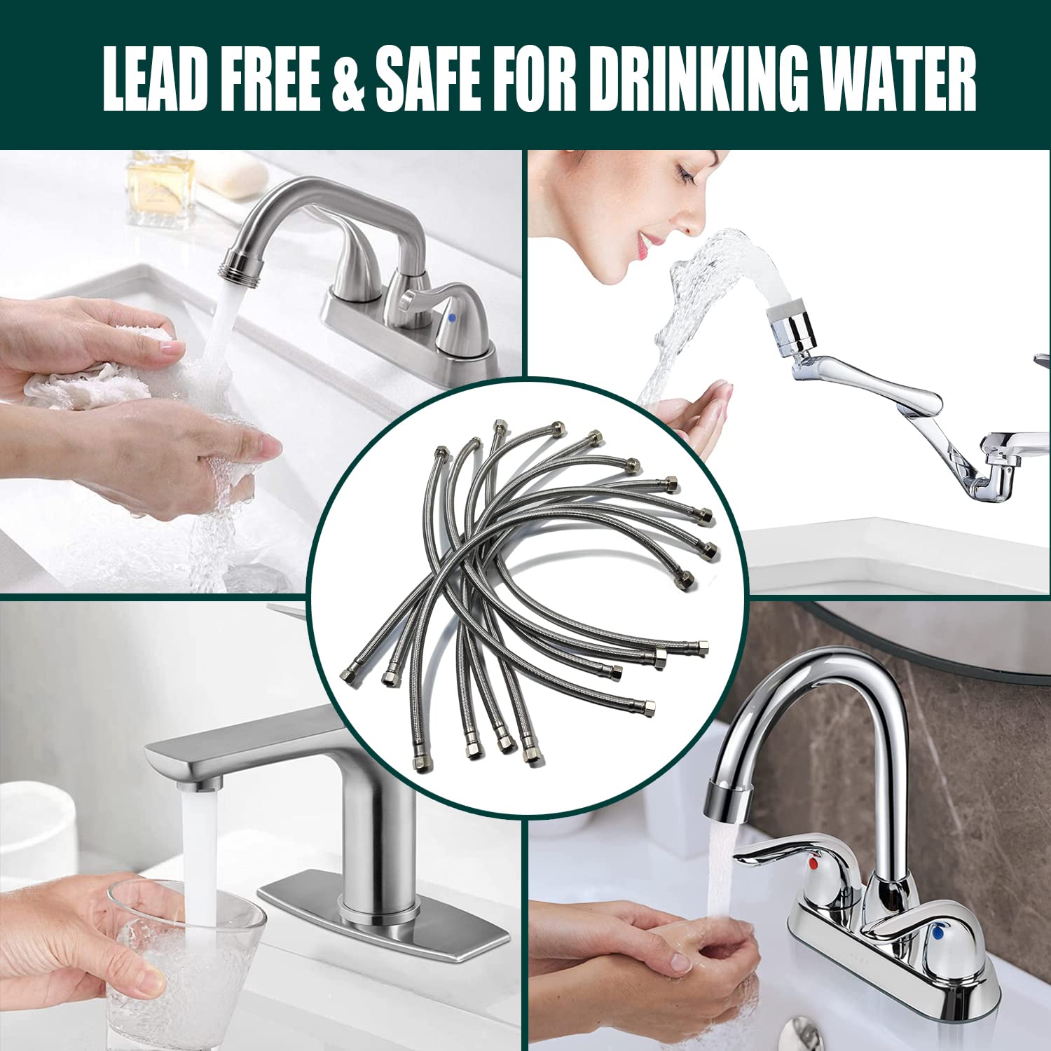 【New Version】Faucet Water Supply Connector Line Braided Stainless Steel, Premium Faucet Supply Line 24 inch - 3/8 Female Compression Thread x 1/2 Female Iron Pipe Thread (10 Pack)