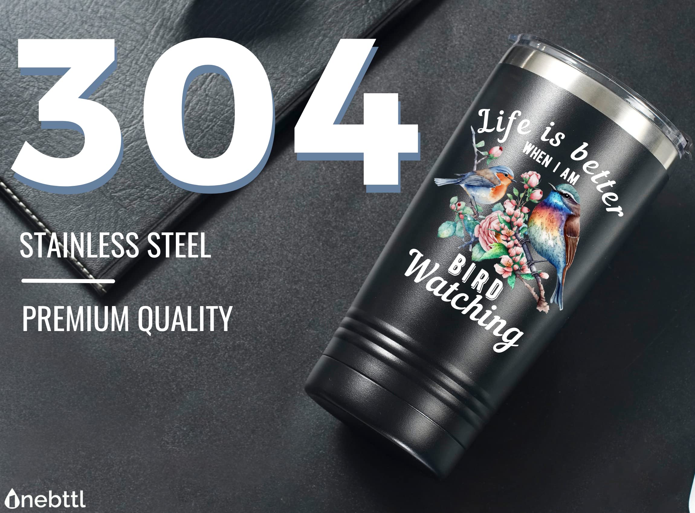 Onebttl Bird Watching Tumbler for Lovers & Watchers, 20oz Stainless Steel Insulated With Lid & Straw, Gift Card & Box Included, Best Birthday Gift - Black