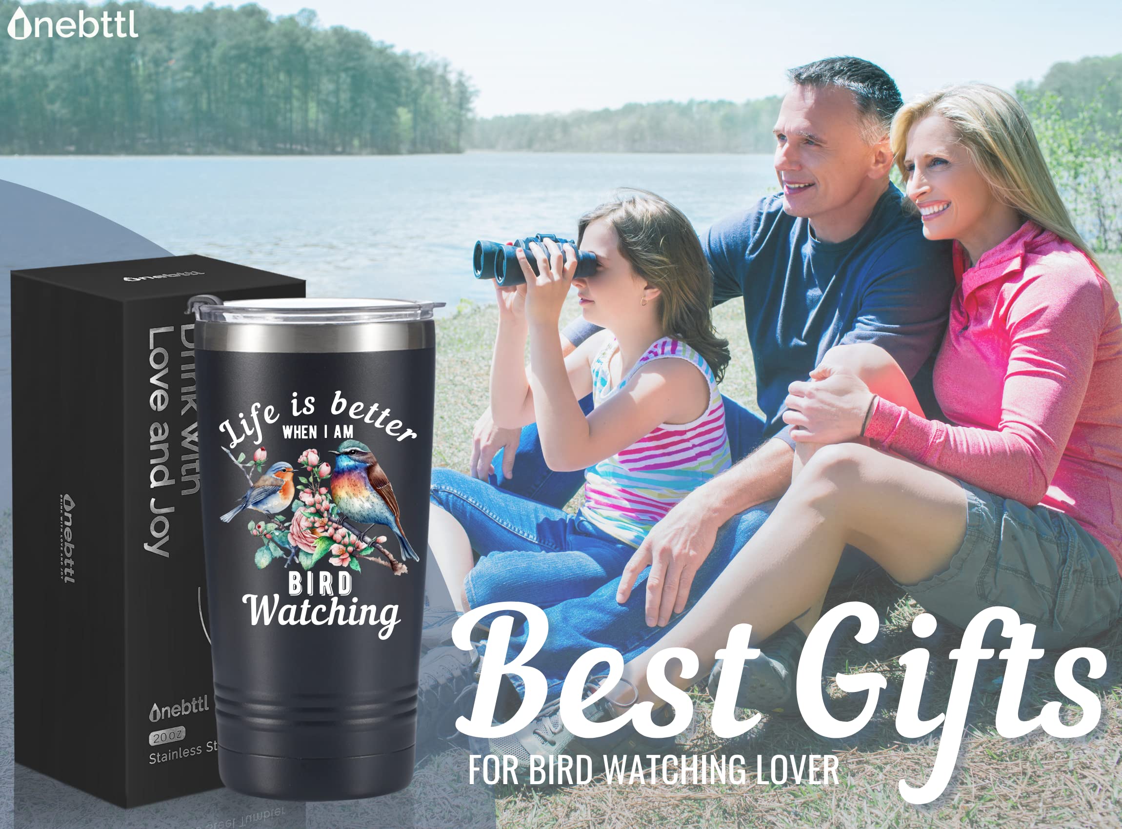 Onebttl Bird Watching Tumbler for Lovers & Watchers, 20oz Stainless Steel Insulated With Lid & Straw, Gift Card & Box Included, Best Birthday Gift - Black