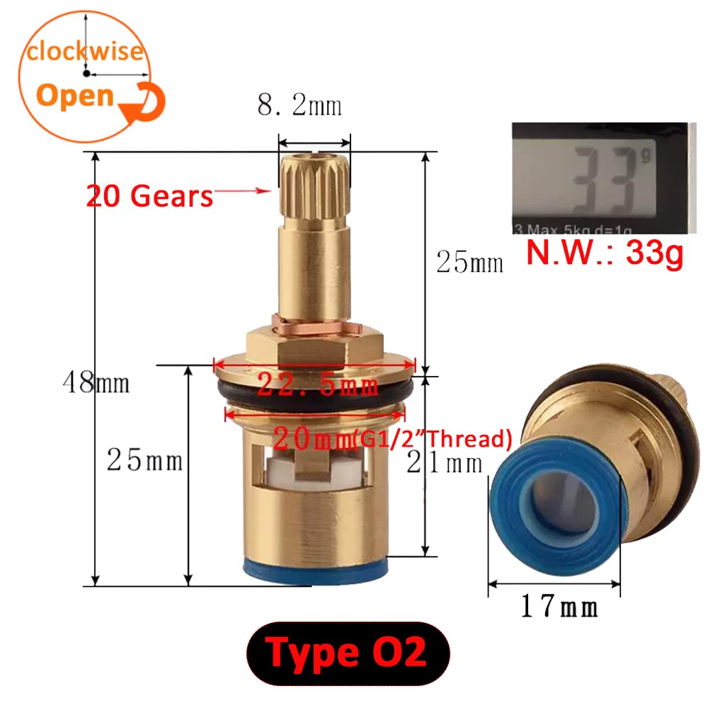 Brass Ceramic Cartridge, G1/2" Tap Ceramic Stem Cartridges Replacement for Hot Cold Water Faucet Spool Valve (Type O2- H48mm)