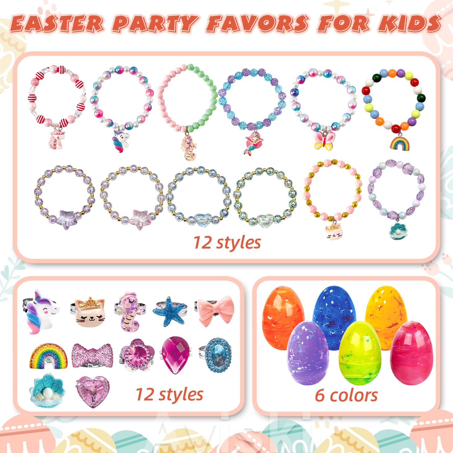 Aviski 12Pcs Easter Surprise Eggs with Cute Bracelet & Ring Inside for Easter Theme Party Favors, Supplies for Easter Egg Hunt, Basket Stuffers/Fillers, Classroom Prize Supplies Toddler Boys Girls
