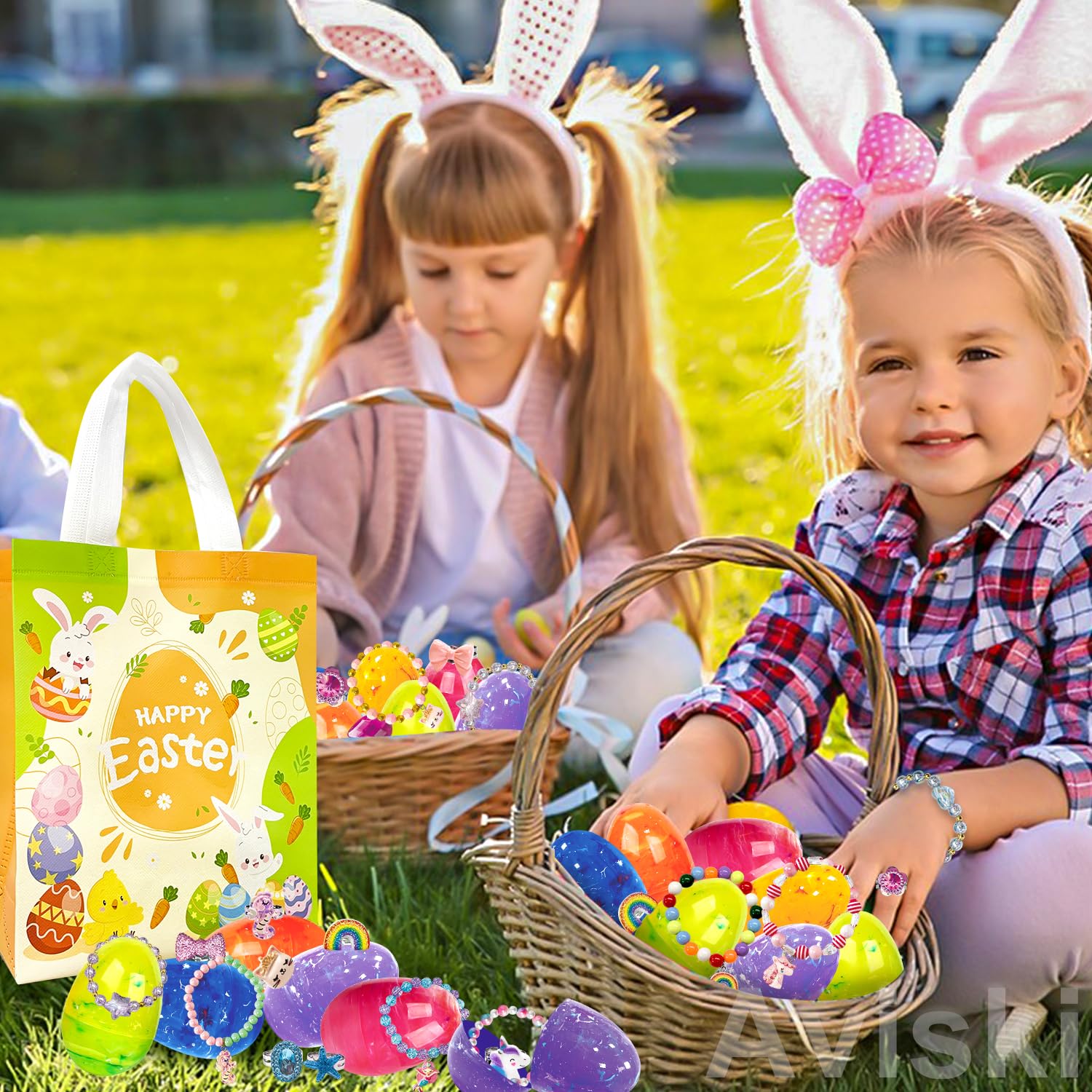 Aviski 12Pcs Easter Surprise Eggs with Cute Bracelet & Ring Inside for Easter Theme Party Favors, Supplies for Easter Egg Hunt, Basket Stuffers/Fillers, Classroom Prize Supplies Toddler Boys Girls