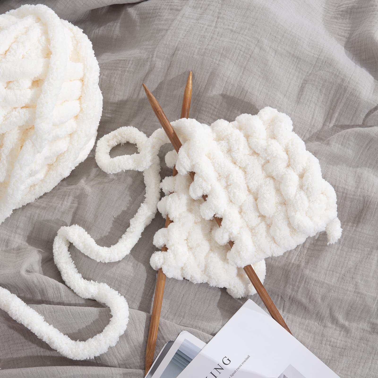 HOMBYS White Chunky Chenille Yarn for Crocheting, Bulky Thick Fluffy Yarn for Knitting,Super Bulky Chunky Yarn for Hand Knitting Blanket, Soft Plush Yarn, 8 Jumbo Pack (27 yds,8 oz Each Skein)