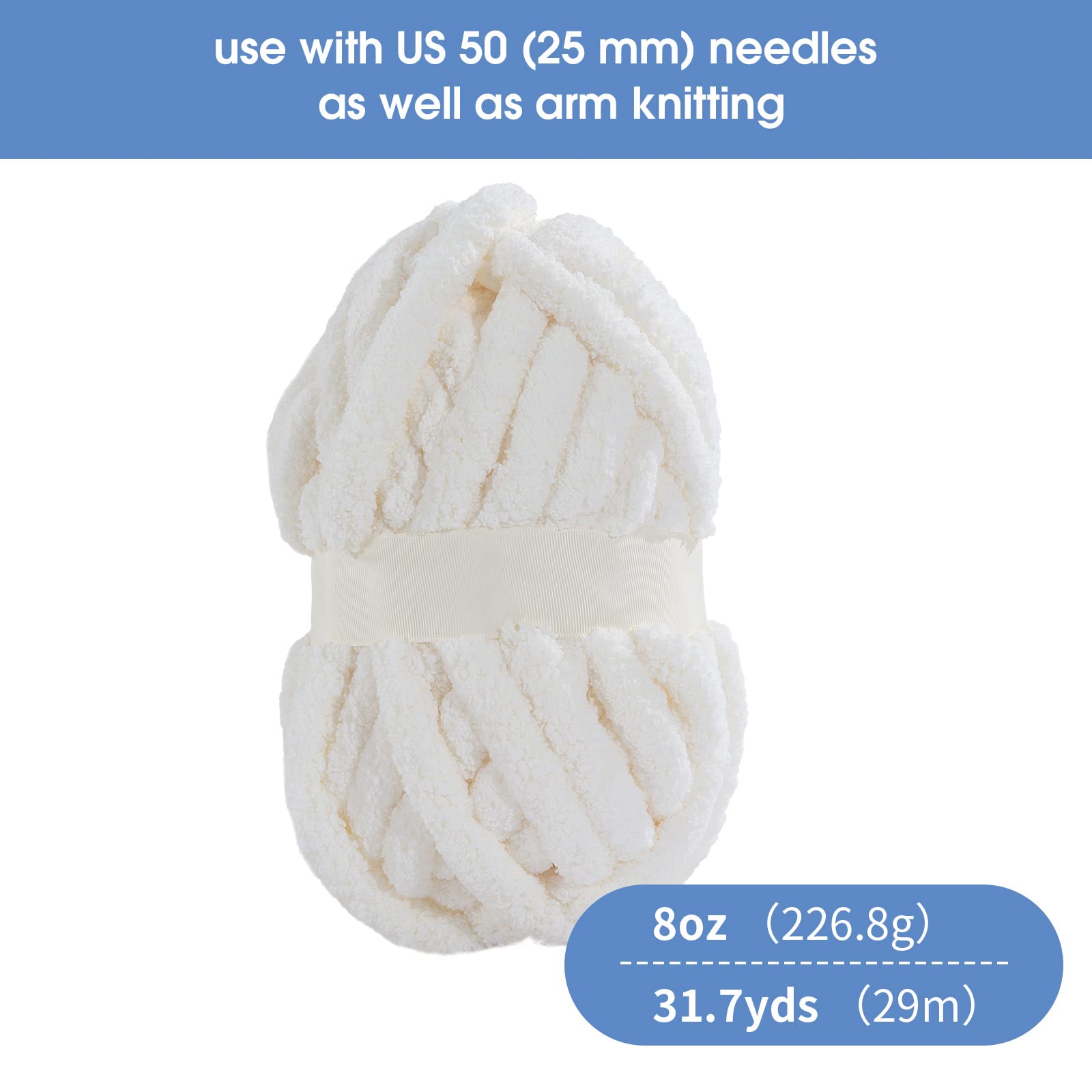 HOMBYS White Chunky Chenille Yarn for Crocheting, Bulky Thick Fluffy Yarn for Knitting,Super Bulky Chunky Yarn for Hand Knitting Blanket, Soft Plush Yarn, 8 Jumbo Pack (27 yds,8 oz Each Skein)