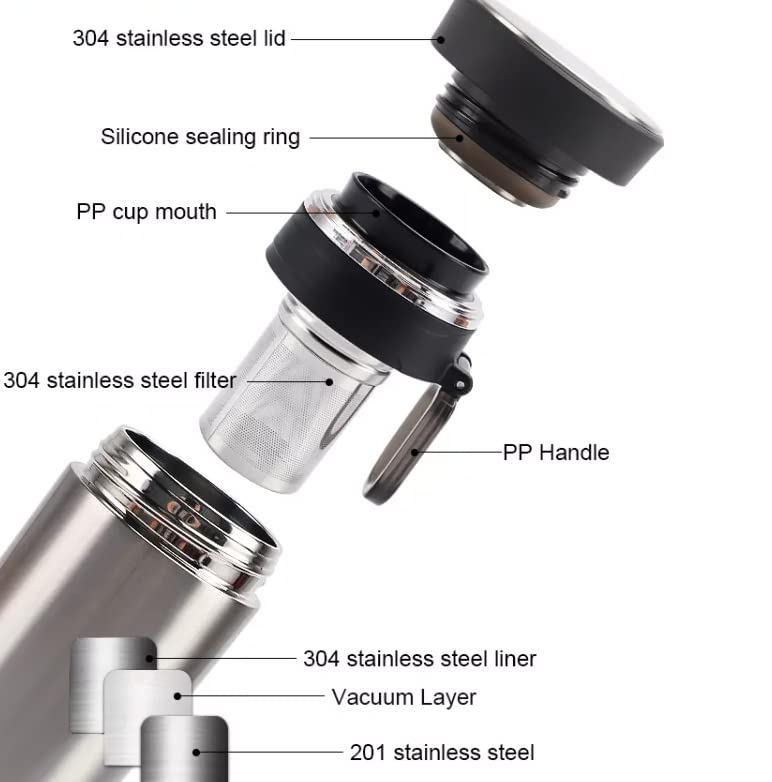 Stainless Steel Insulated Double Wall Leak Proof Tumbler Vacuum Flask with Flavor Infuser BPA Free 17.5 oz (Silver)