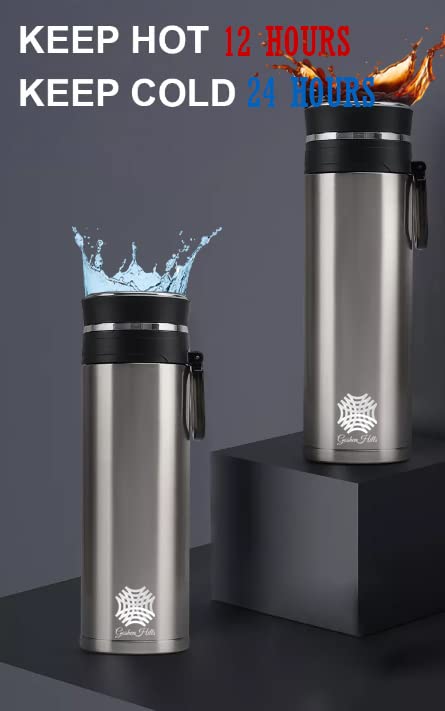 Stainless Steel Insulated Double Wall Leak Proof Tumbler Vacuum Flask with Flavor Infuser BPA Free 17.5 oz (Silver)
