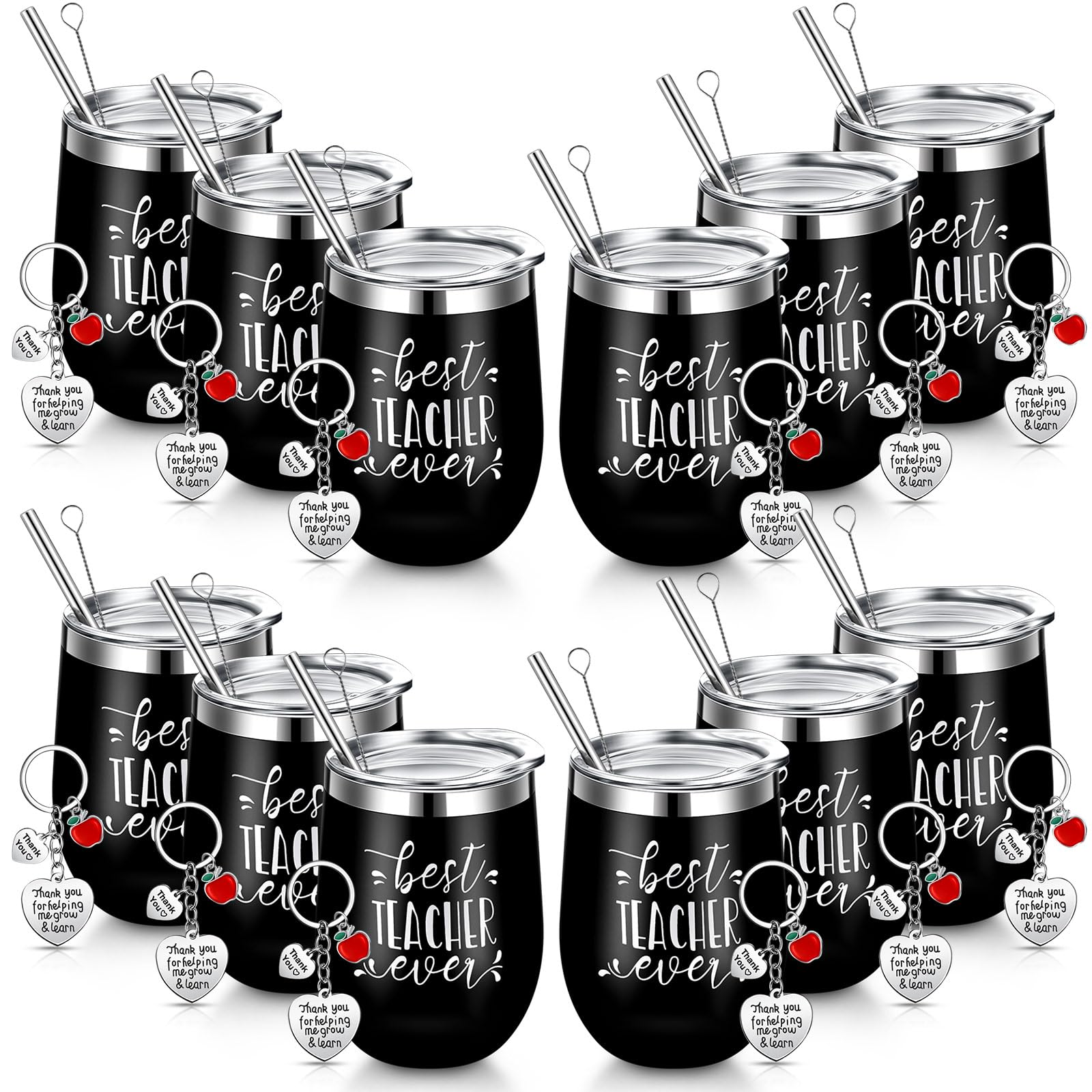 Didaey 24 Pcs Teacher Appreciation Gift Sets 12 Oz Teacher Wine Tumbler for Women Thank You Birthday Graduation Gifts 12 Best Ever Cup and 12 Keychain(Black)
