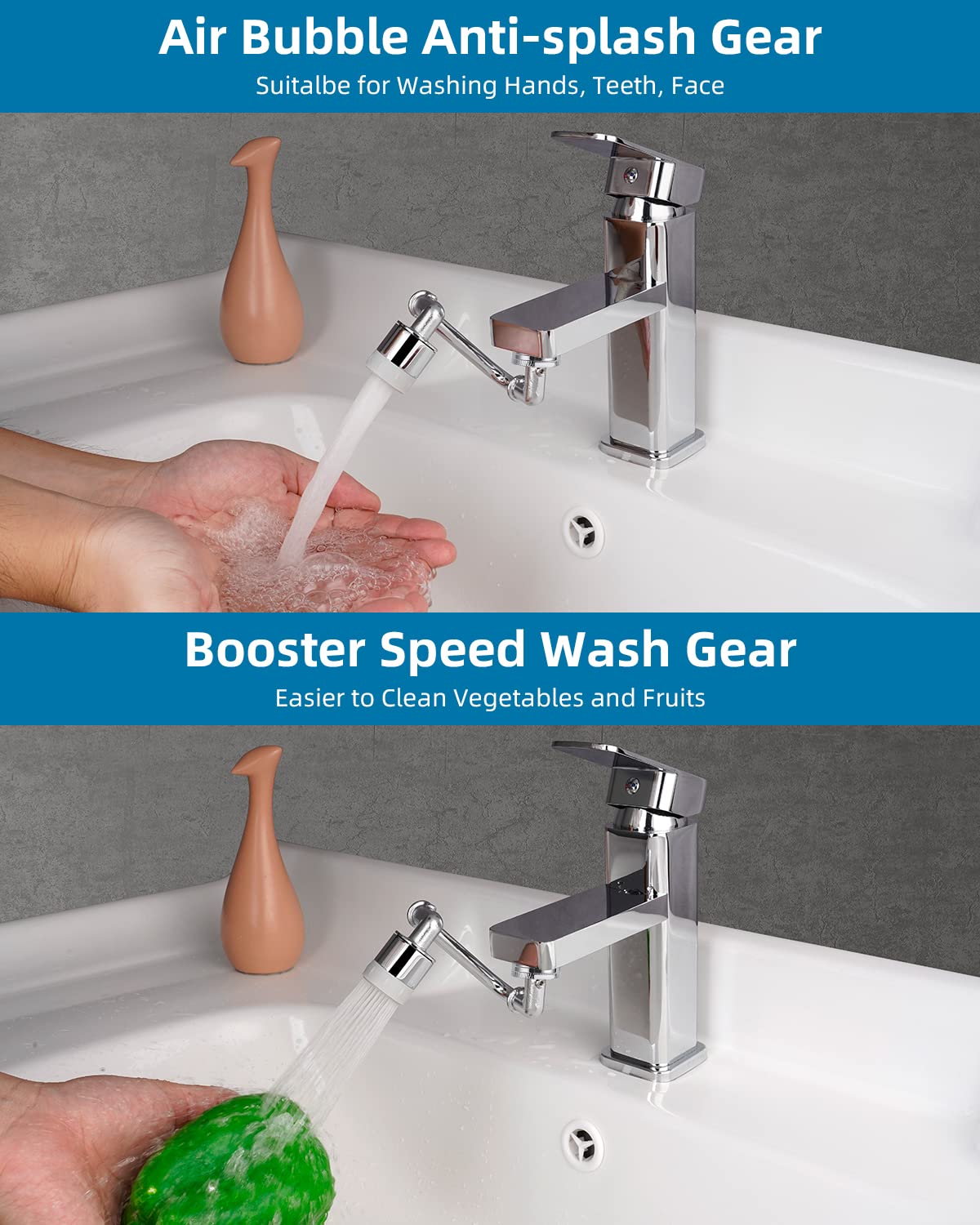 Hibbent 1080° Rotatable Faucet Extender, Swivel Faucet Aerator, Metal Faucet Attachment Dual Function Kitchen Bathroom Sink Sprayer Attachment for Gargle/Eye/Face Washing 15/16'' Male Thread