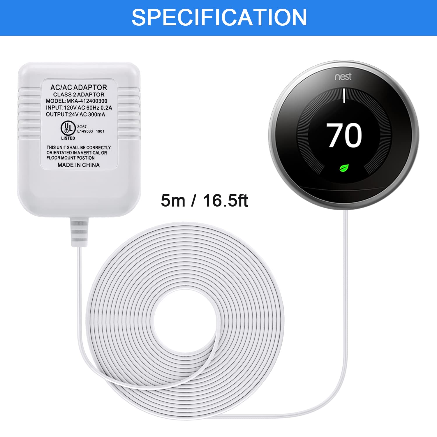 Hotop 2 Pack 24 Volt Transformer, 16.4FT Long C Wire Adapter Thermostats for Most Versions of Smart Thermostat and Ring Doorbell, Compatible with Nest Ecobee Sensi and Nest Skybell Eufy Wyze