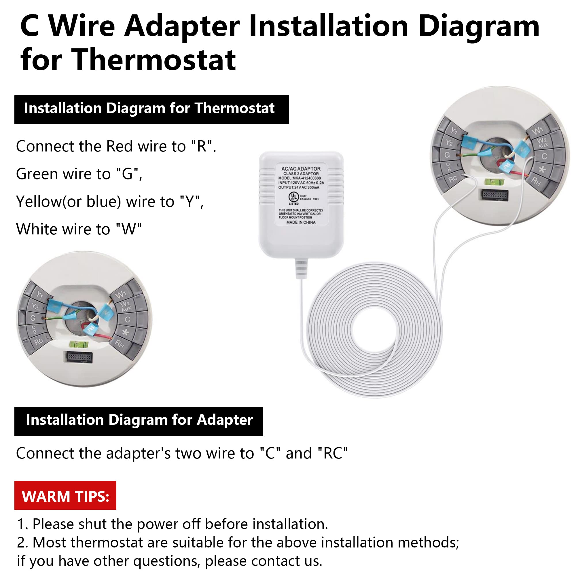 Hotop 2 Pack 24 Volt Transformer, 16.4FT Long C Wire Adapter Thermostats for Most Versions of Smart Thermostat and Ring Doorbell, Compatible with Nest Ecobee Sensi and Nest Skybell Eufy Wyze