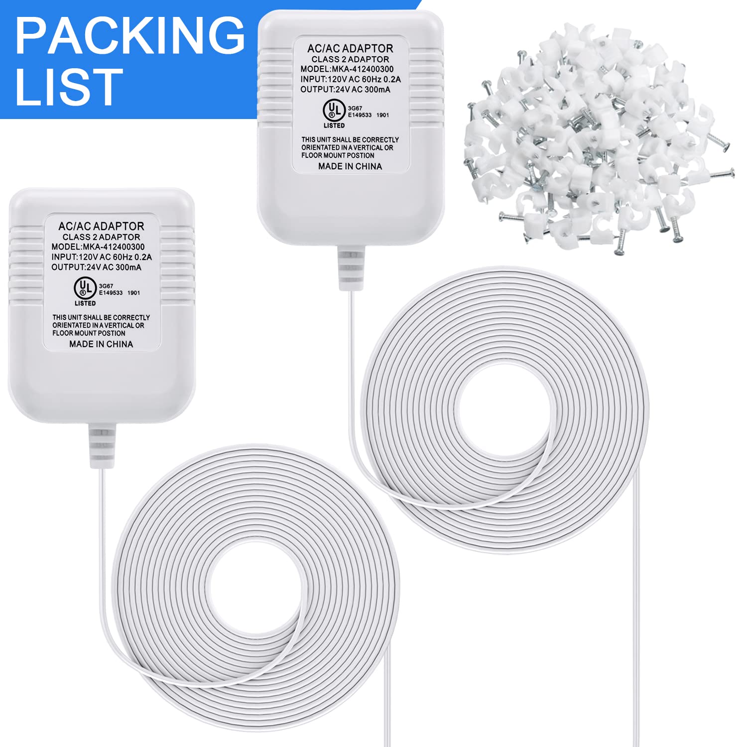 Hotop 2 Pack 24 Volt Transformer, 16.4FT Long C Wire Adapter Thermostats for Most Versions of Smart Thermostat and Ring Doorbell, Compatible with Nest Ecobee Sensi and Nest Skybell Eufy Wyze