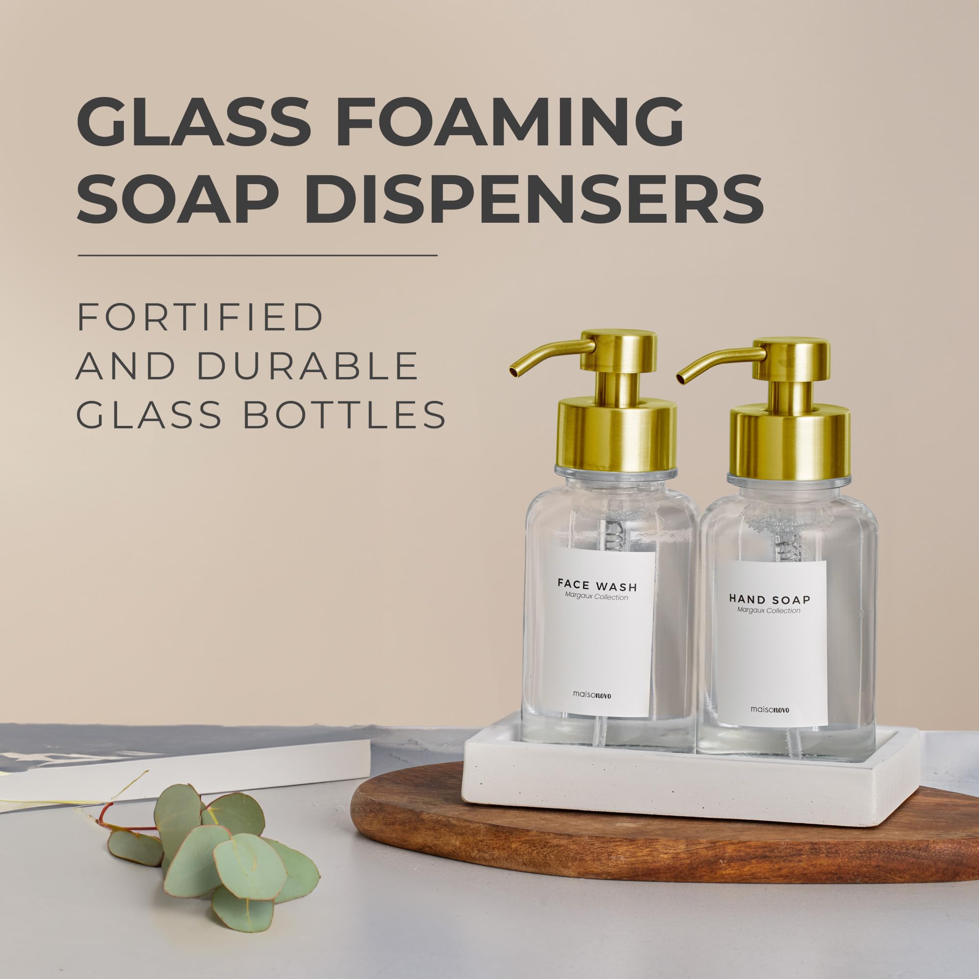 MaisoNovo Glass Foaming Soap Dispenser | Clear Glass Gold Pumps x 2 with Tray