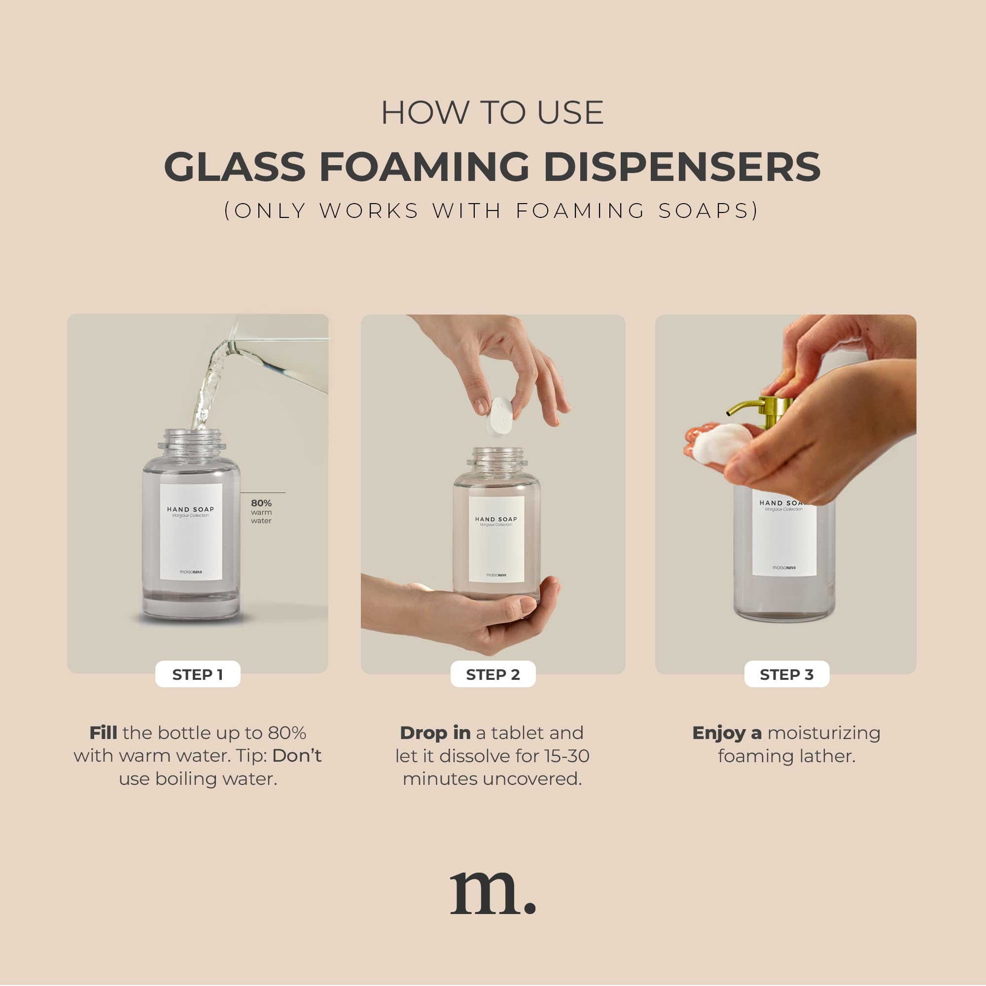 MaisoNovo Glass Foaming Soap Dispenser | Clear Glass Gold Pumps x 2 with Tray
