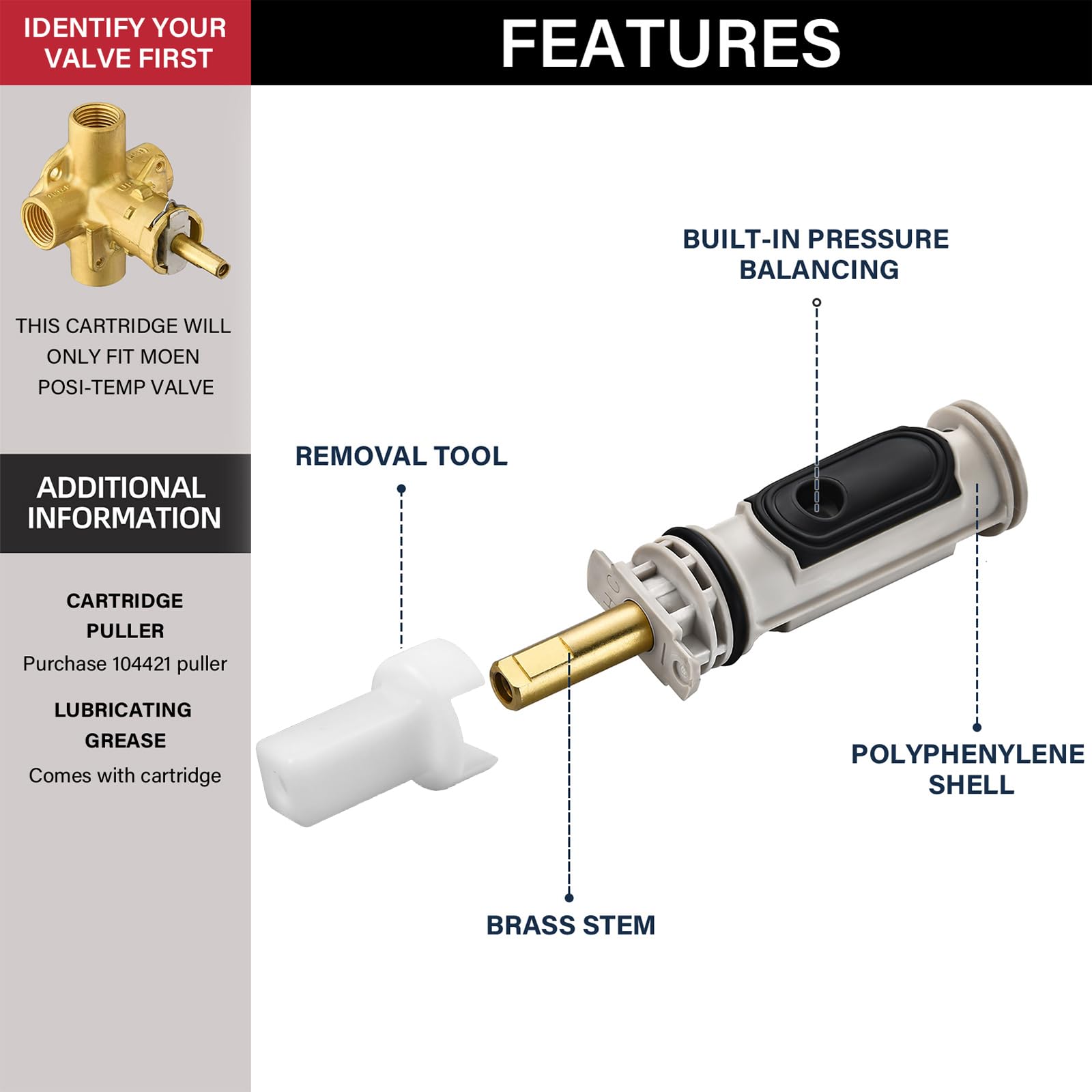 1222 Replacement Cartridge with Removal Tool 104421 and Handle Adapter Kit 116653 for Moen, Compatible with One Hanlde Posi Temp Shower Faucet