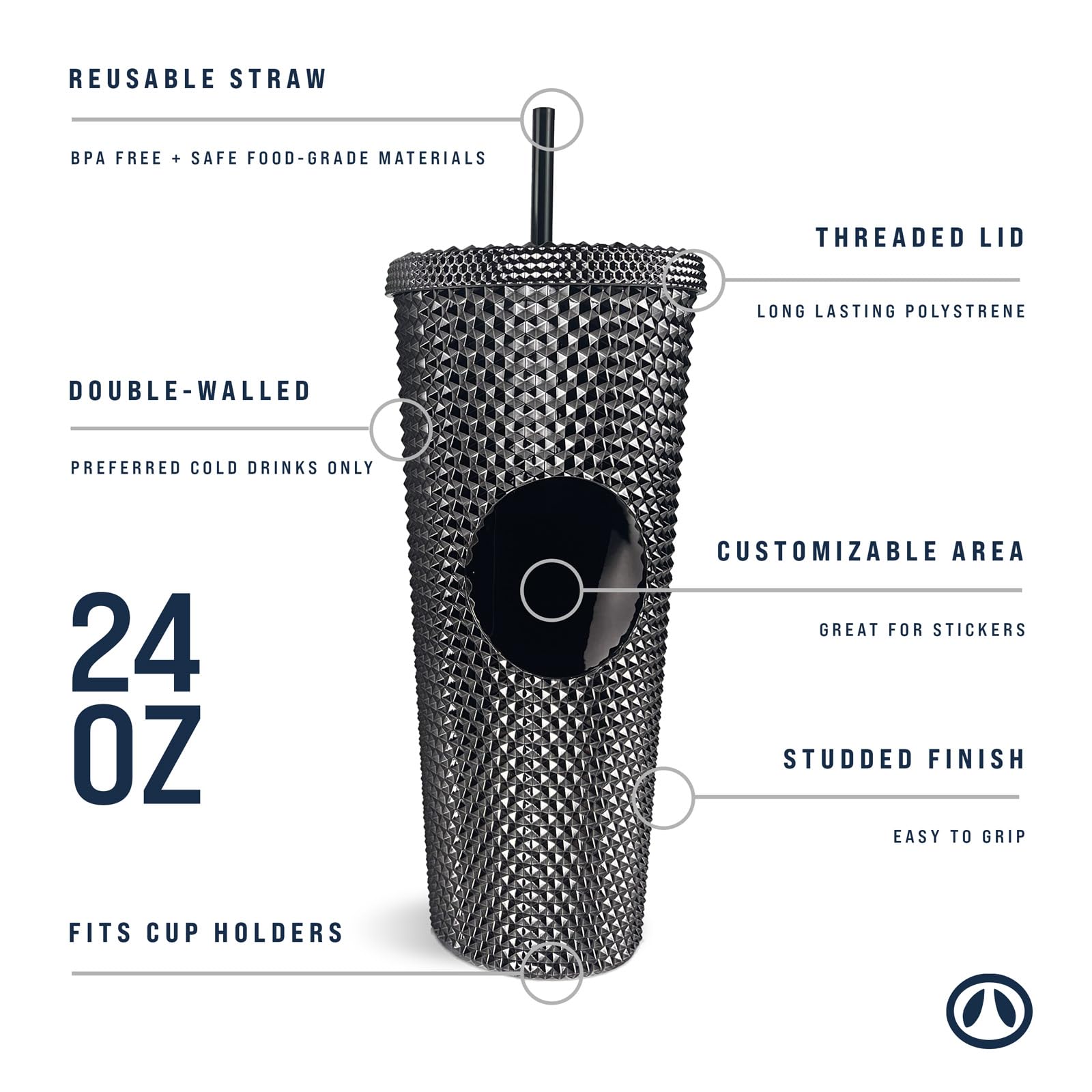 Hogg 24oz Studded Tumbler - Glossy Black, Iced Coffee Cups with Lids Reusable, 24 oz Tumbler with Lid and Straw, Venti Reusable Iced Coffee Cup, Bling Cup, DIY Circle for Vinyl or Stickers