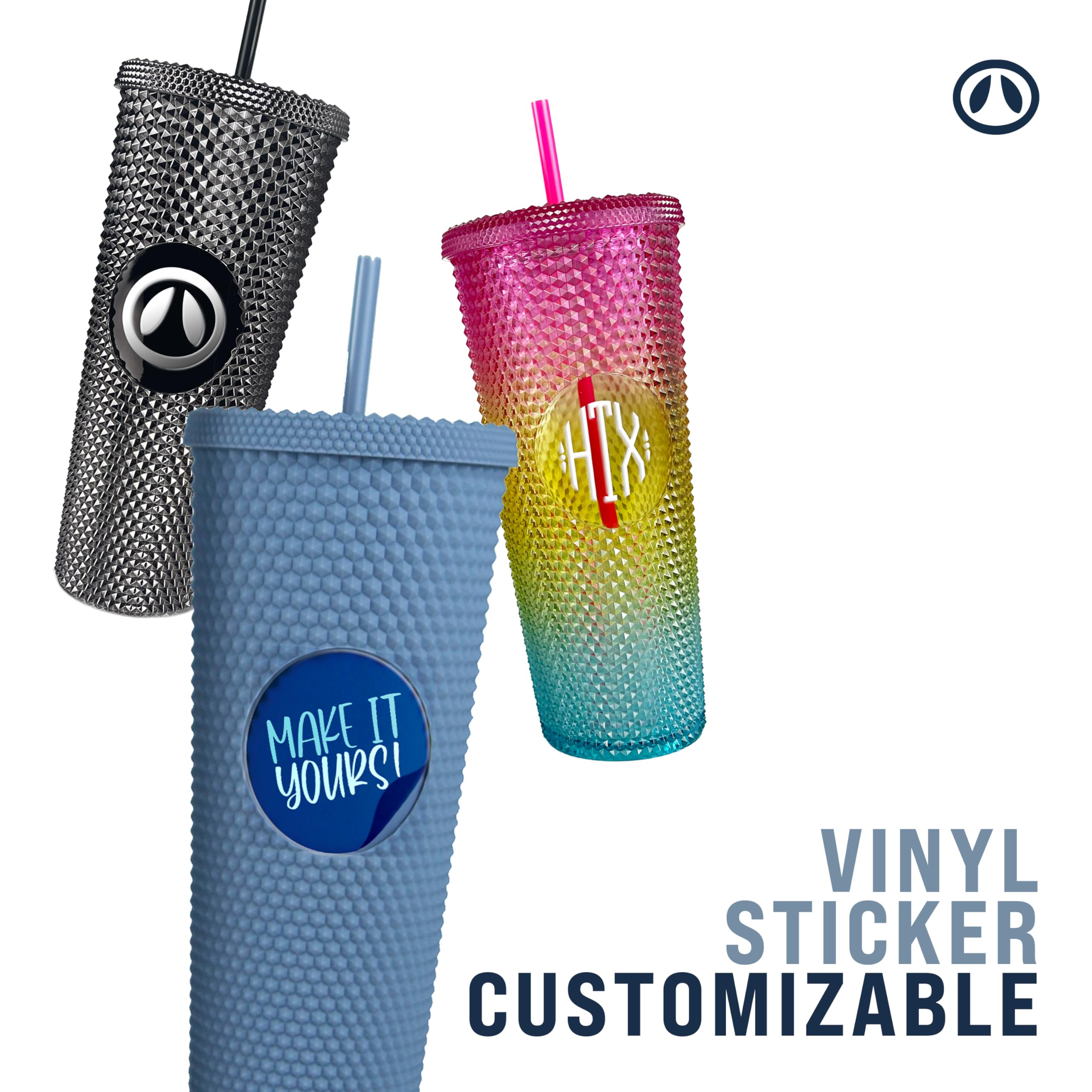 Hogg 24oz Studded Tumbler - Glossy Black, Iced Coffee Cups with Lids Reusable, 24 oz Tumbler with Lid and Straw, Venti Reusable Iced Coffee Cup, Bling Cup, DIY Circle for Vinyl or Stickers
