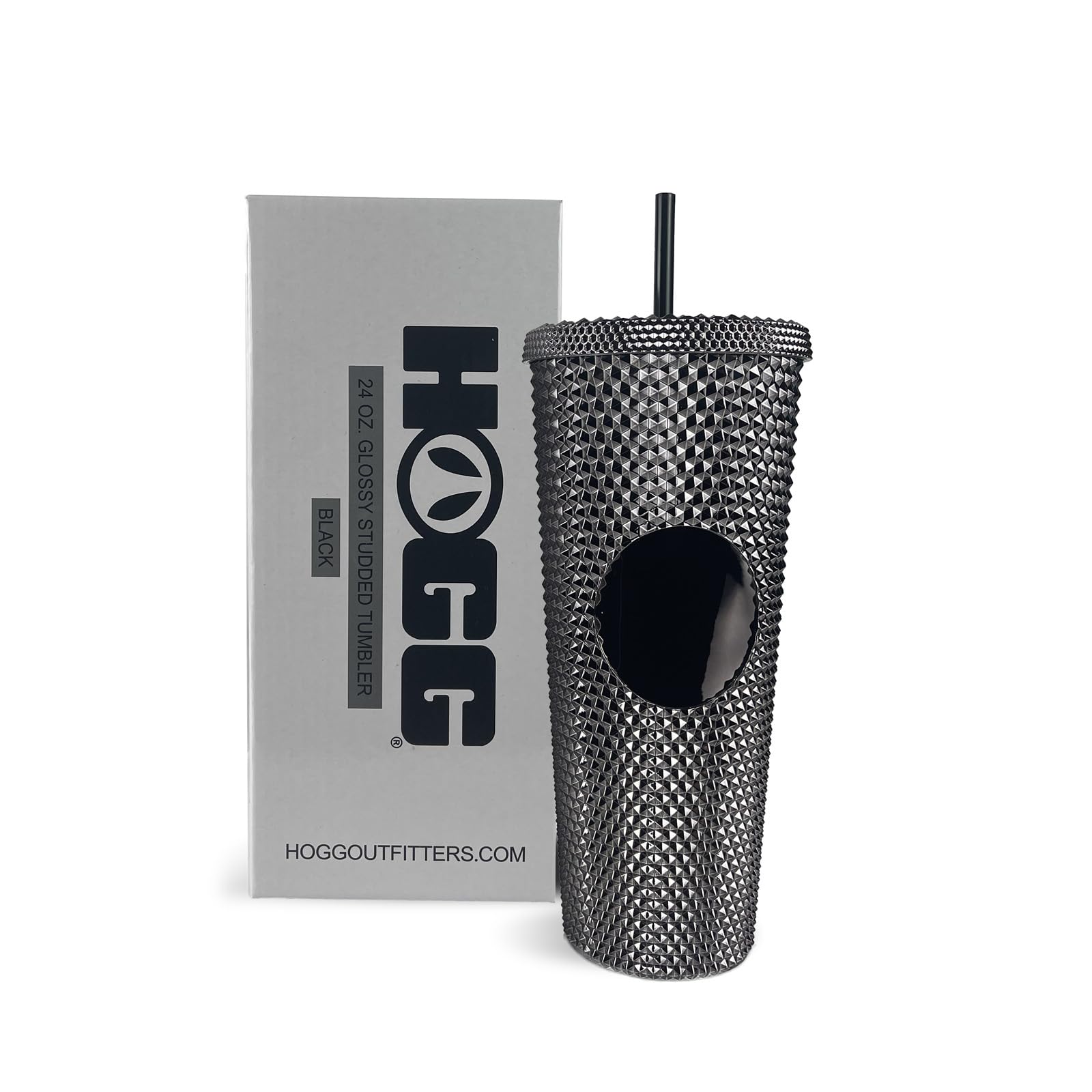 Hogg 24oz Studded Tumbler - Glossy Black, Iced Coffee Cups with Lids Reusable, 24 oz Tumbler with Lid and Straw, Venti Reusable Iced Coffee Cup, Bling Cup, DIY Circle for Vinyl or Stickers