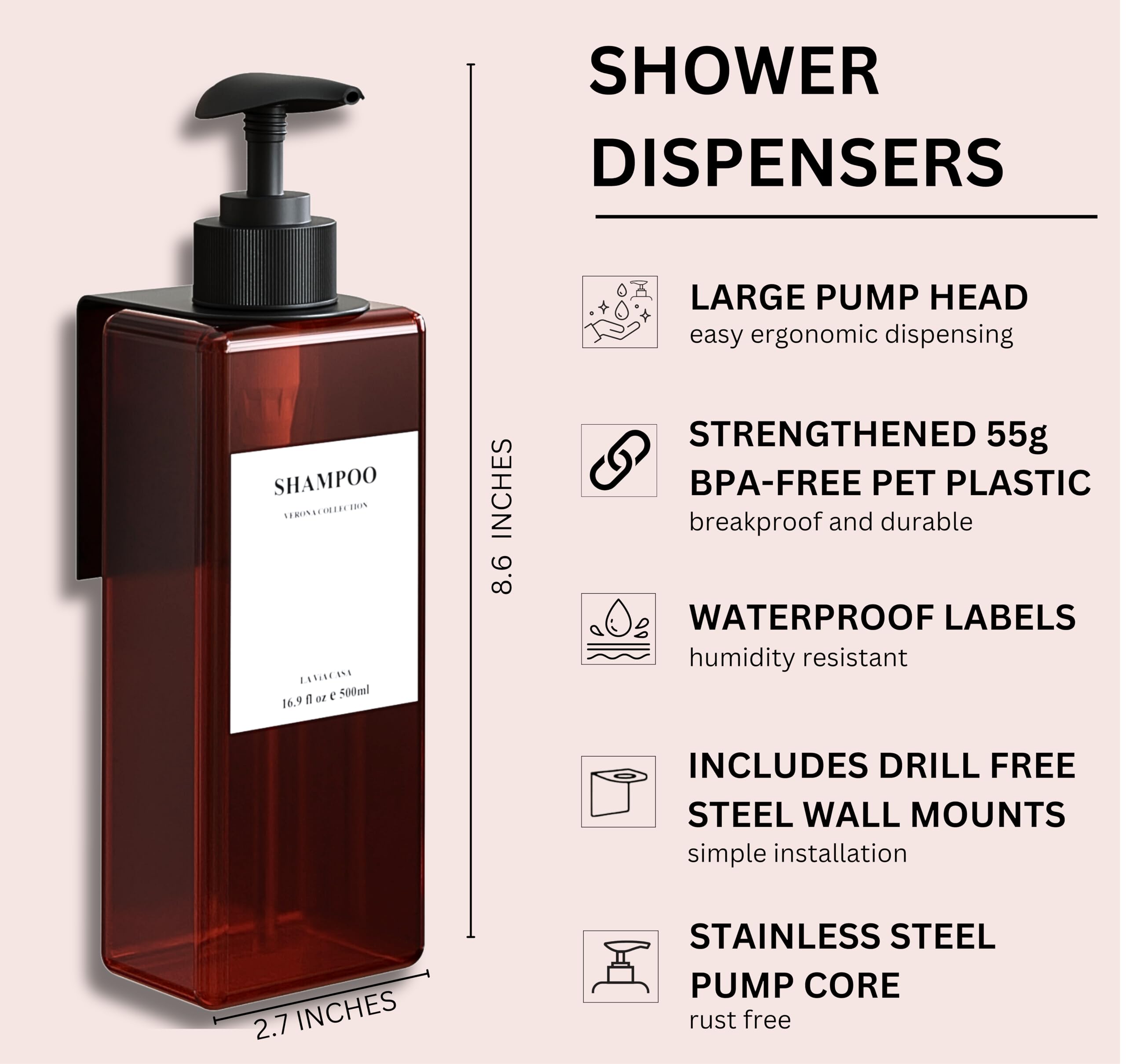 La Via Casa Shampoo and Conditioner Dispenser | 3 Plastic Amber 3 Wall Mount Black | Shampoo Dispenser with Waterproof Labels | No Drill | Shower Bottles Refillable with Pump