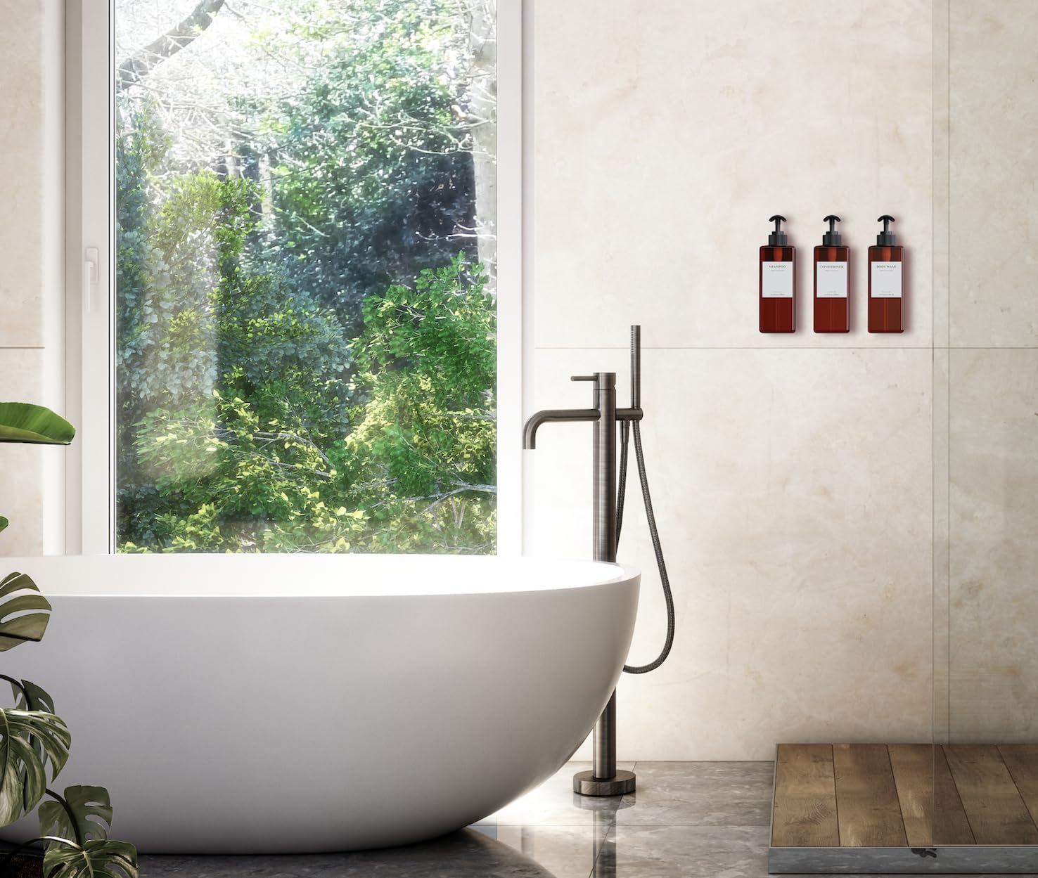 La Via Casa Shampoo and Conditioner Dispenser | 3 Plastic Amber 3 Wall Mount Black | Shampoo Dispenser with Waterproof Labels | No Drill | Shower Bottles Refillable with Pump