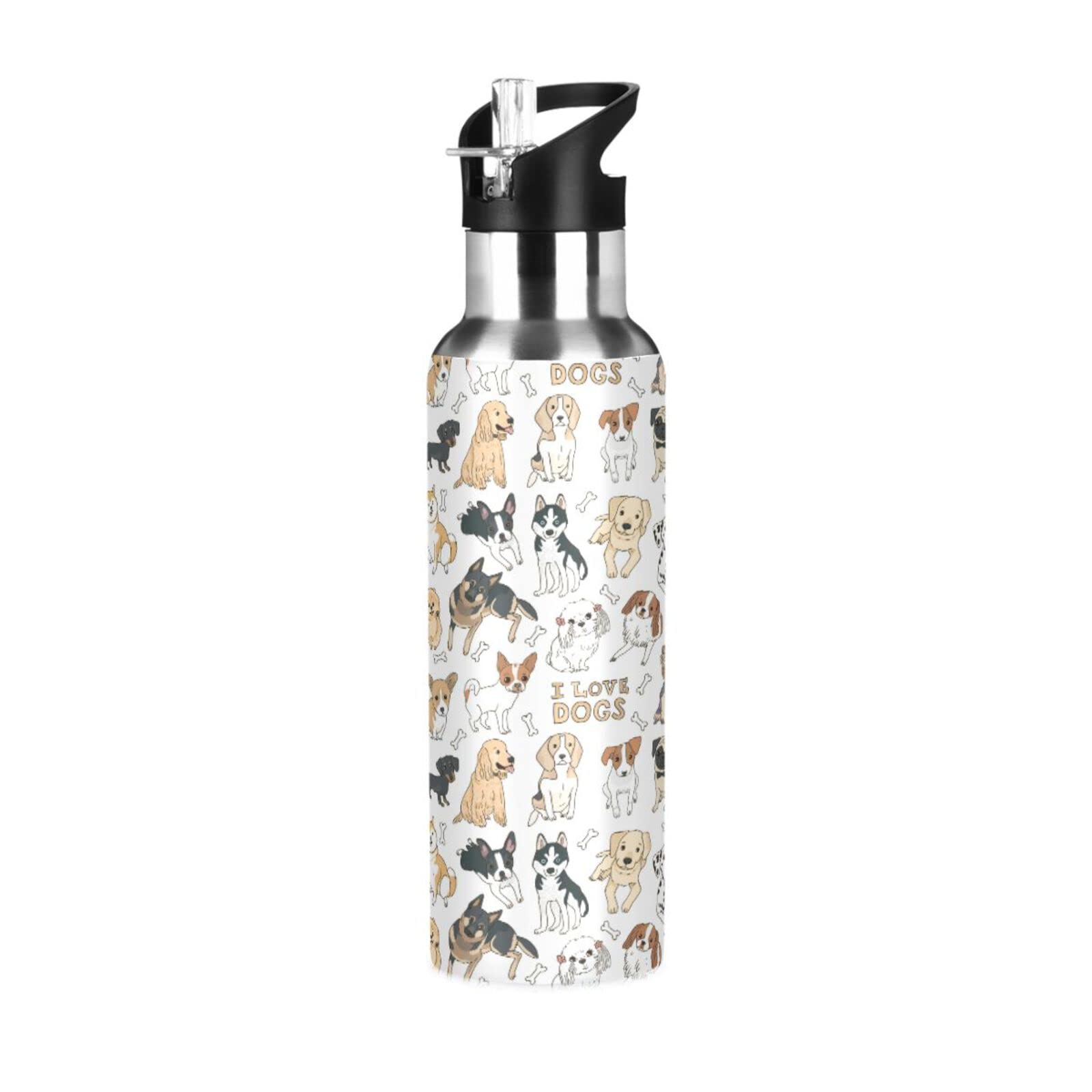 Kcldeci Breeds Drawn Dogs Sports Water Bottle 20 Oz Straw Lid Leak Proof Vacuum Insulated Stainless Steel Water Bottles Hot Cold Double Walled Thermo Mug Tumbler Travel Cup