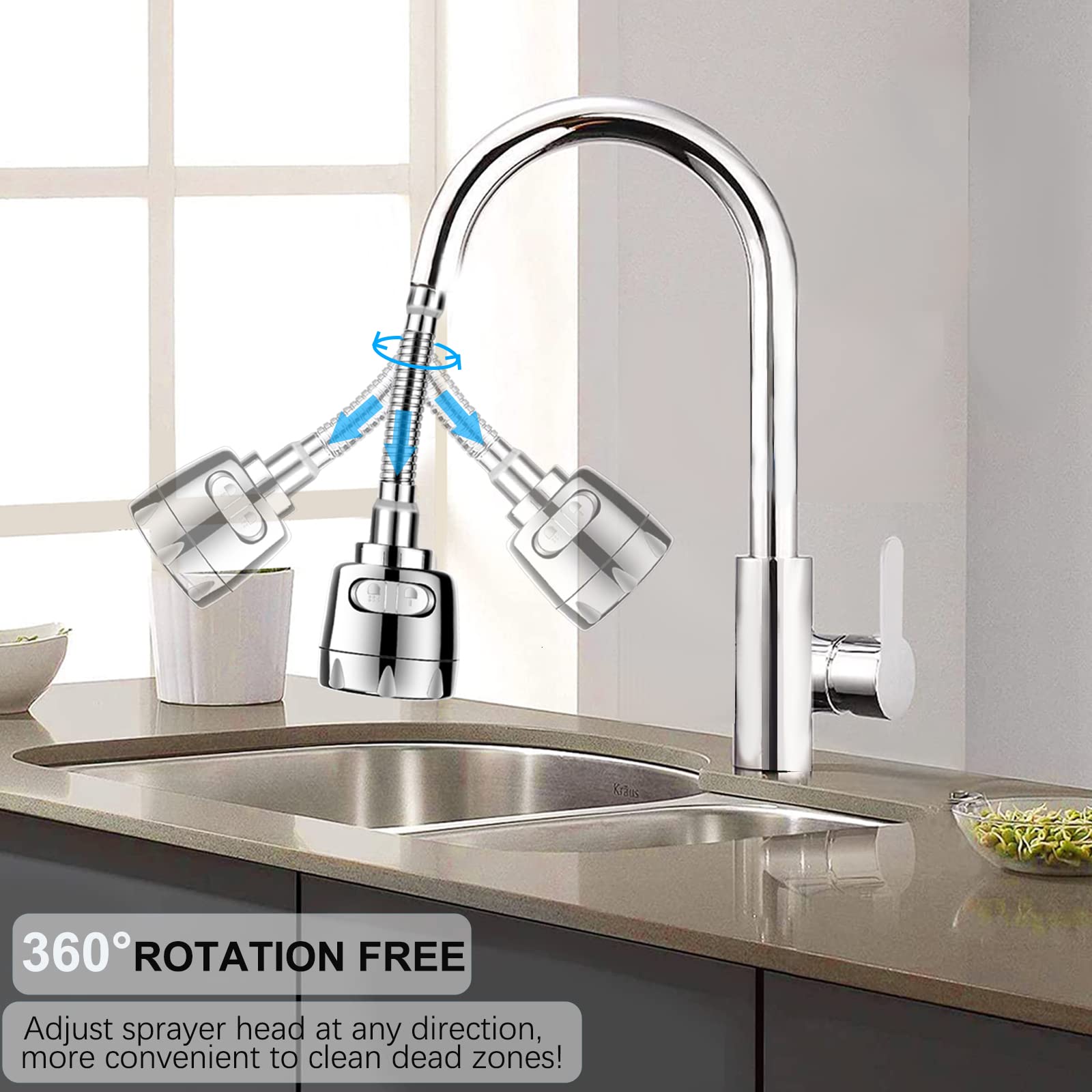 Sink Faucet Attachment, Movable Kithchen Faucet Head 360° Rotatable Faucet Sprayer Head Replacement Water Saving Faucet Extender,Anti -Splash,3 Modes, Chrome Faucet Head for Kitchen and Bathroom