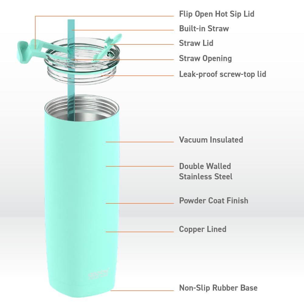 asobu Aqualina Stainless Steel Insulated Water Bottle with Interchangeable Hot and Cold Lid and Built in Straw (Mint)