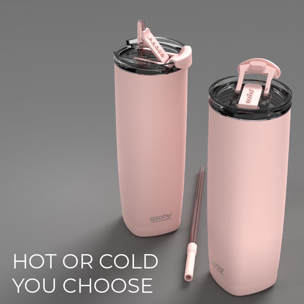 asobu Aqualina Stainless Steel Insulated Water Bottle with Interchangeable Hot and Cold Lid and Built in Straw (Pink)