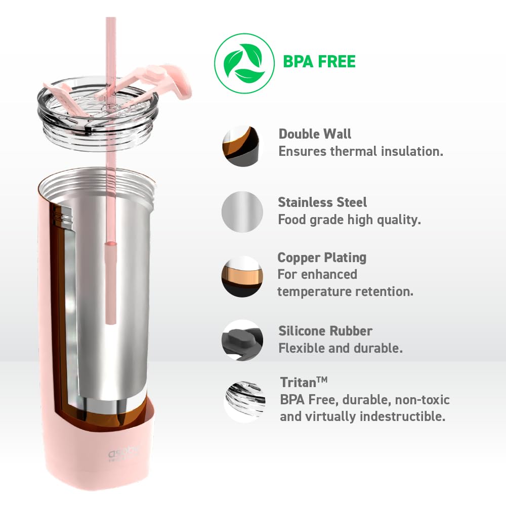asobu Aqualina Stainless Steel Insulated Water Bottle with Interchangeable Hot and Cold Lid and Built in Straw (Pink)