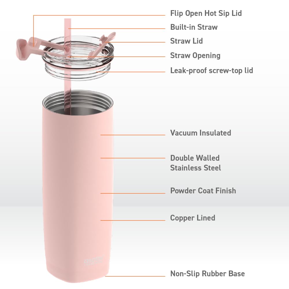 asobu Aqualina Stainless Steel Insulated Water Bottle with Interchangeable Hot and Cold Lid and Built in Straw (Pink)