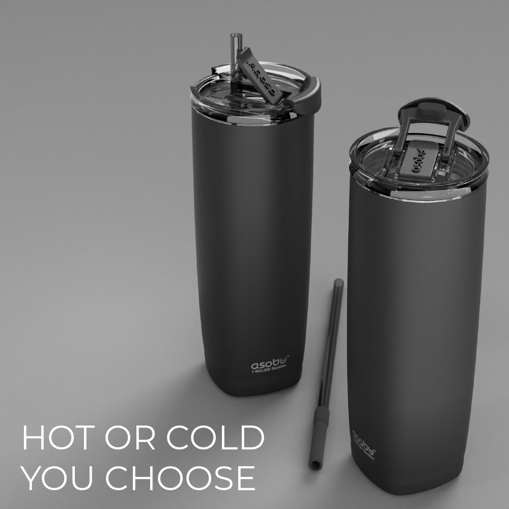 asobu Aqualina Stainless Steel Insulated Water Bottle with Interchangeable Hot and Cold Lid and Built in Straw (Black)