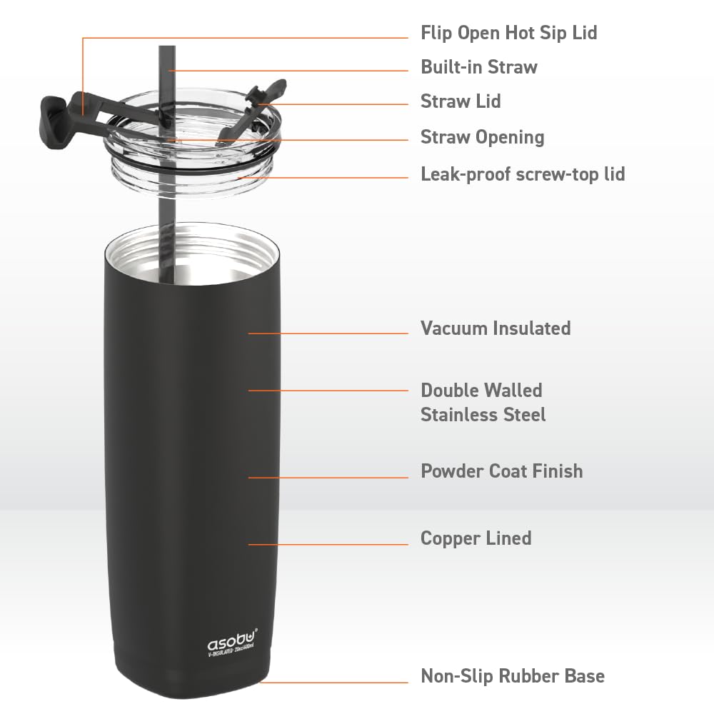 asobu Aqualina Stainless Steel Insulated Water Bottle with Interchangeable Hot and Cold Lid and Built in Straw (Black)