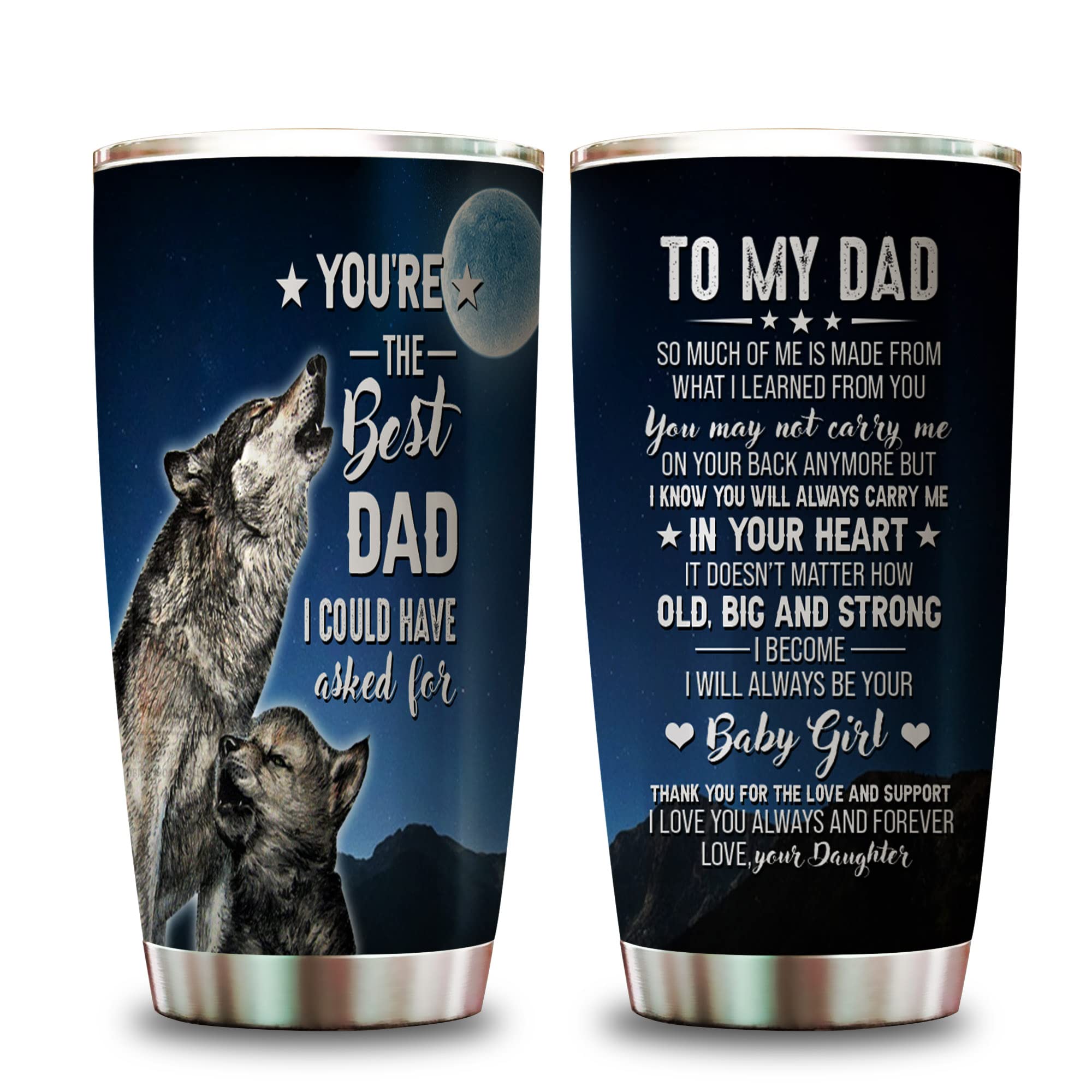 To My Dad Tumbler with Lid Double Wall Tumbler Stainless Steel 20oz Travel Coffee Mug Wolf Dad Gift for Dad Birthday Father Day Wolf Lovers