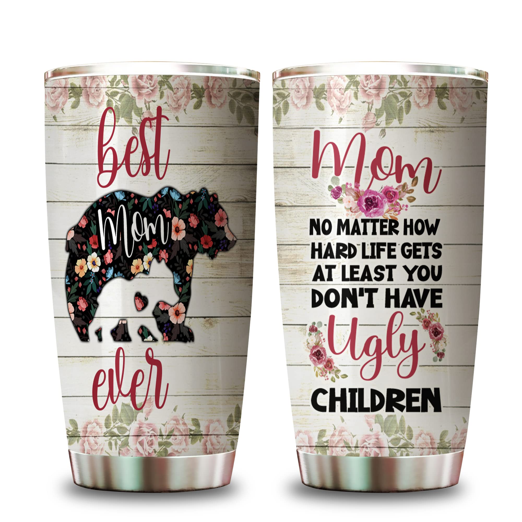 Mama Bear Stainless Steel 20oz Travel Coffee Mug with Lid - Double Wall Tumbler - Best Mom Ever