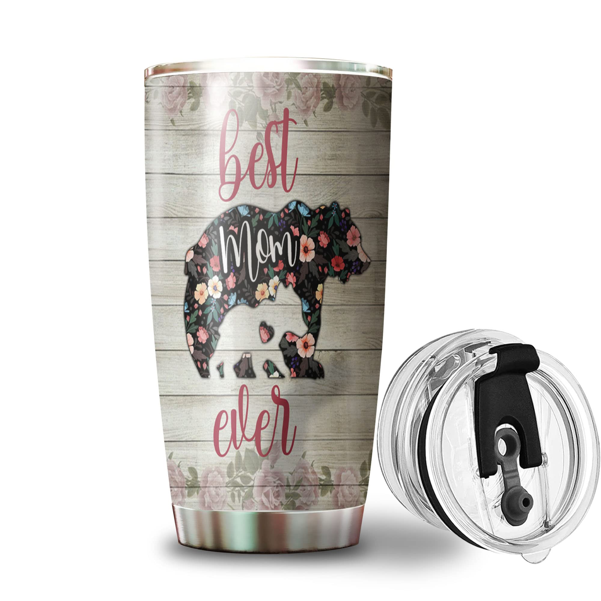 Mama Bear Stainless Steel 20oz Travel Coffee Mug with Lid - Double Wall Tumbler - Best Mom Ever