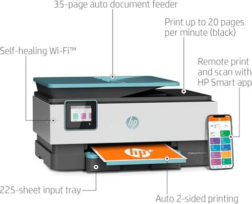 HP OfficeJet Pro 8028e All in One Wireless Printer Scanner Copier Fax Inkjet Print 2.7 Inch Touchscreen 2 Months of Instant Ink 20 ppm Black 10 ppm Color Home Office Use (Renewed)
